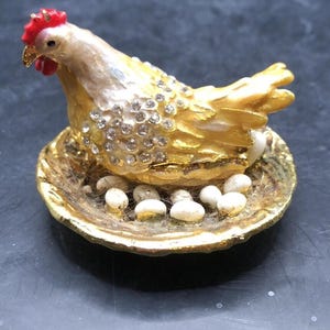 Nesting Gold Jeweled Hen Chicken Eggs Trinket Box Rhinestone Enameled ...