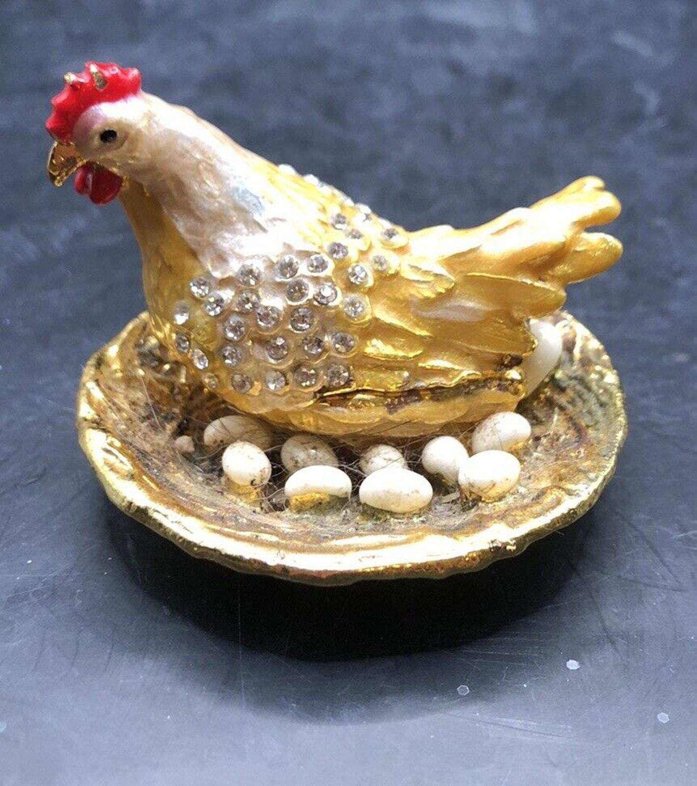 Nesting Gold Jeweled Hen Chicken Eggs Trinket Box Rhinestone Enameled ...