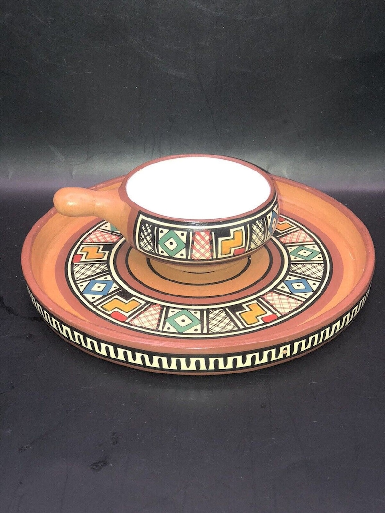 PERUVIAN Peru Hand Painted Plate & Bowl Ceramic Bohemian Condiment ...