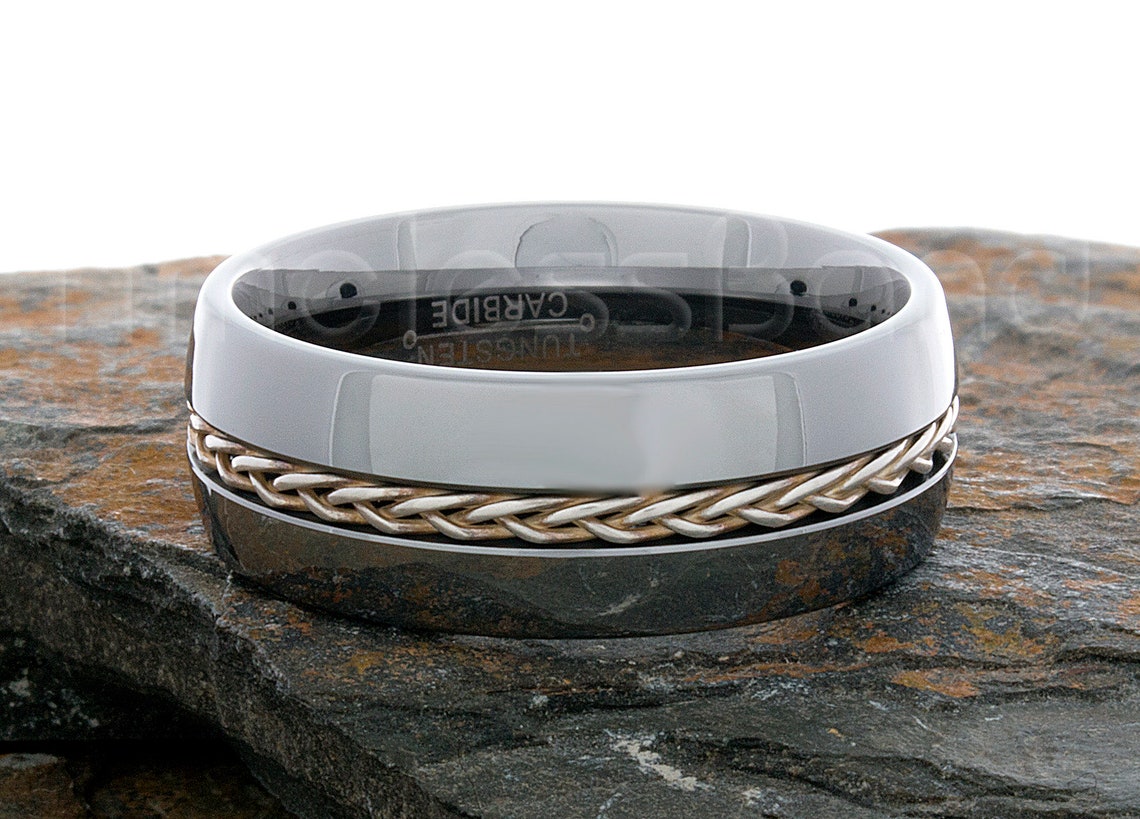 Tungsten Ring 8mm Braided Tungsten 925 Sterling Silver Inlay - Etsy