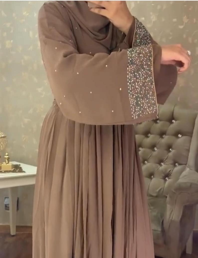 Chiffon Flare Abaya: Dark Beige With Silver & Turquoise Embellishments ...