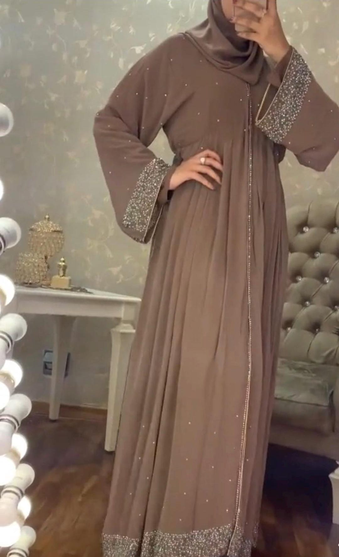 Chiffon Flare Abaya: Dark Beige With Silver & Turquoise Embellishments ...