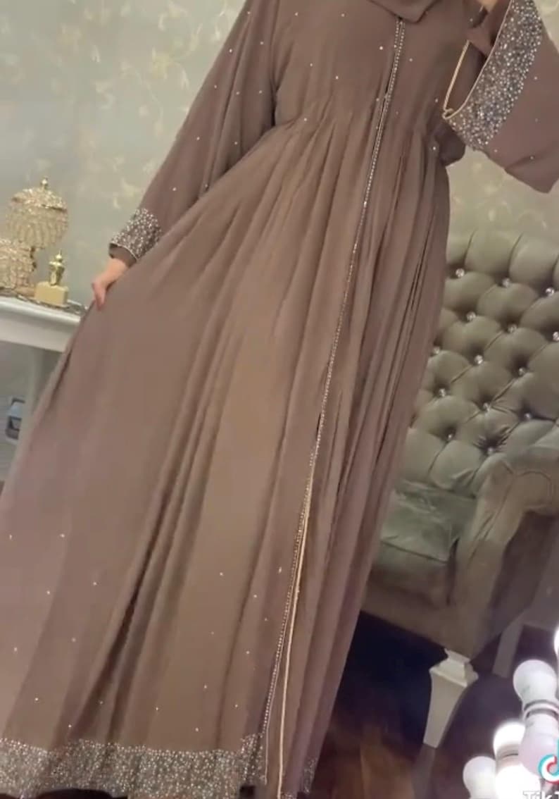 Chiffon Flare Abaya: Dark Beige With Silver & Turquoise Embellishments ...