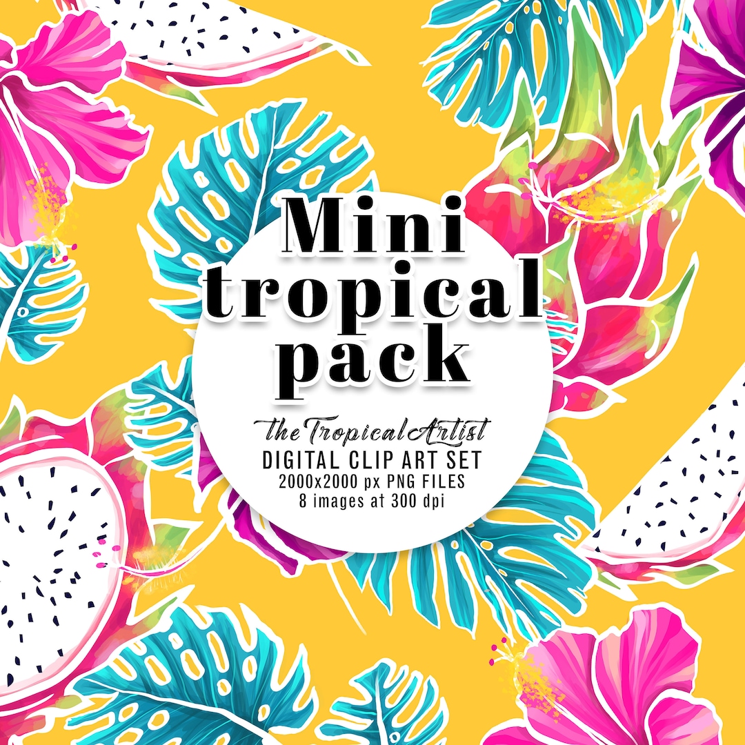 Mini Tropical Clip Art Set Palms Hibiscus Flowers Dragon Fruit ...