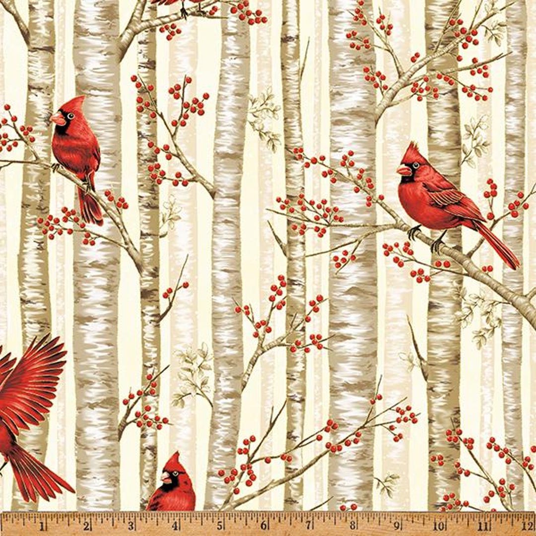 Cream and Gold Cardinals and Birch Trees (X7794-33G) From the Berries ...