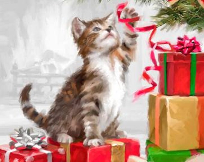 Kitten With Ribbon Christmas Panel Printed by David Textiles - Sold in ...