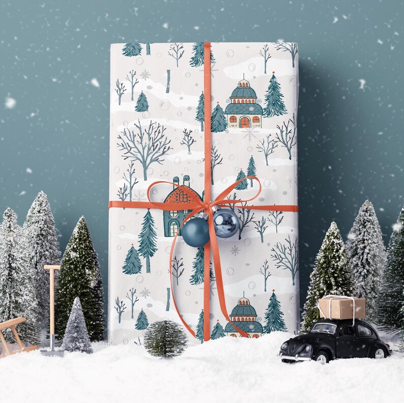 Scandinavian Winter Scene Wrapping Paper, Christmas Gift Wrap, Holiday ...