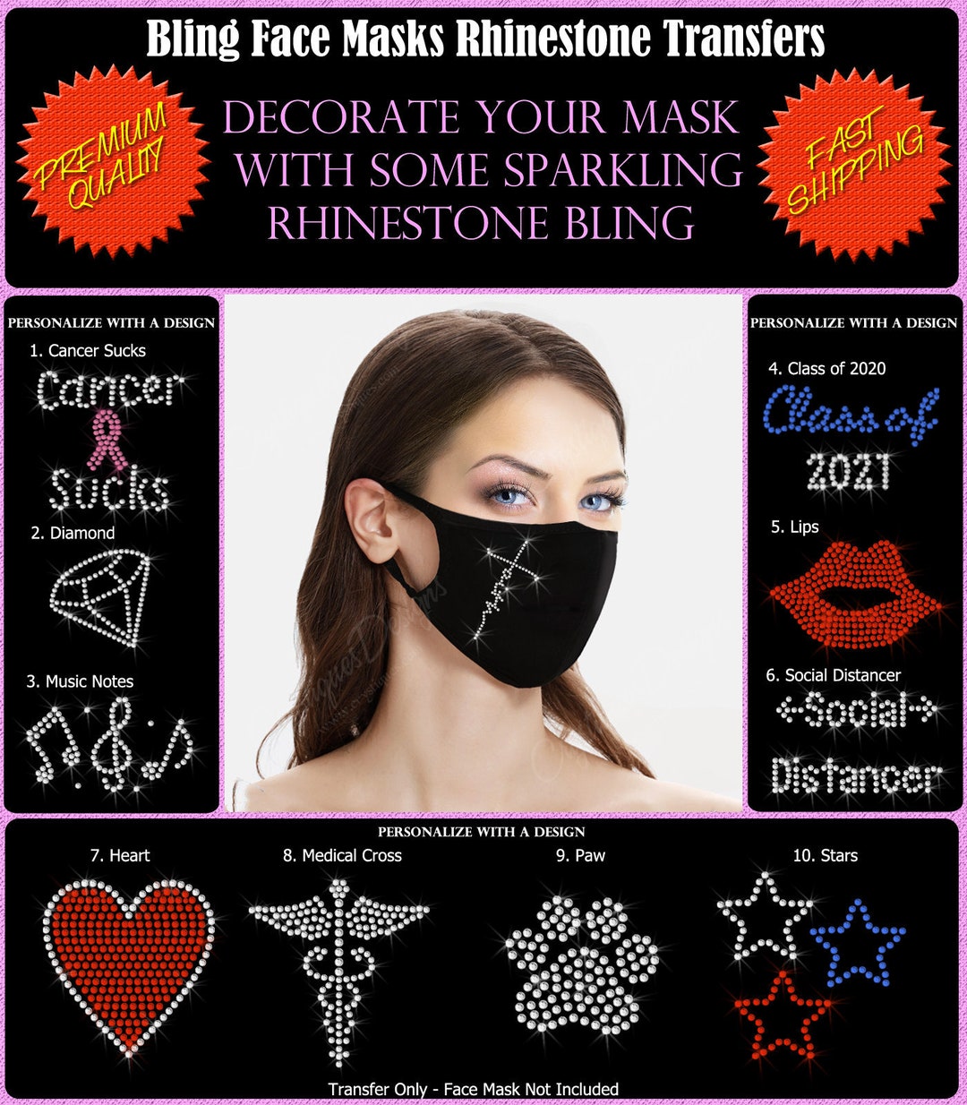 Face Mask Rhinestone Transfers, Face Mask Bling, Bling Rhinestone Mask ...