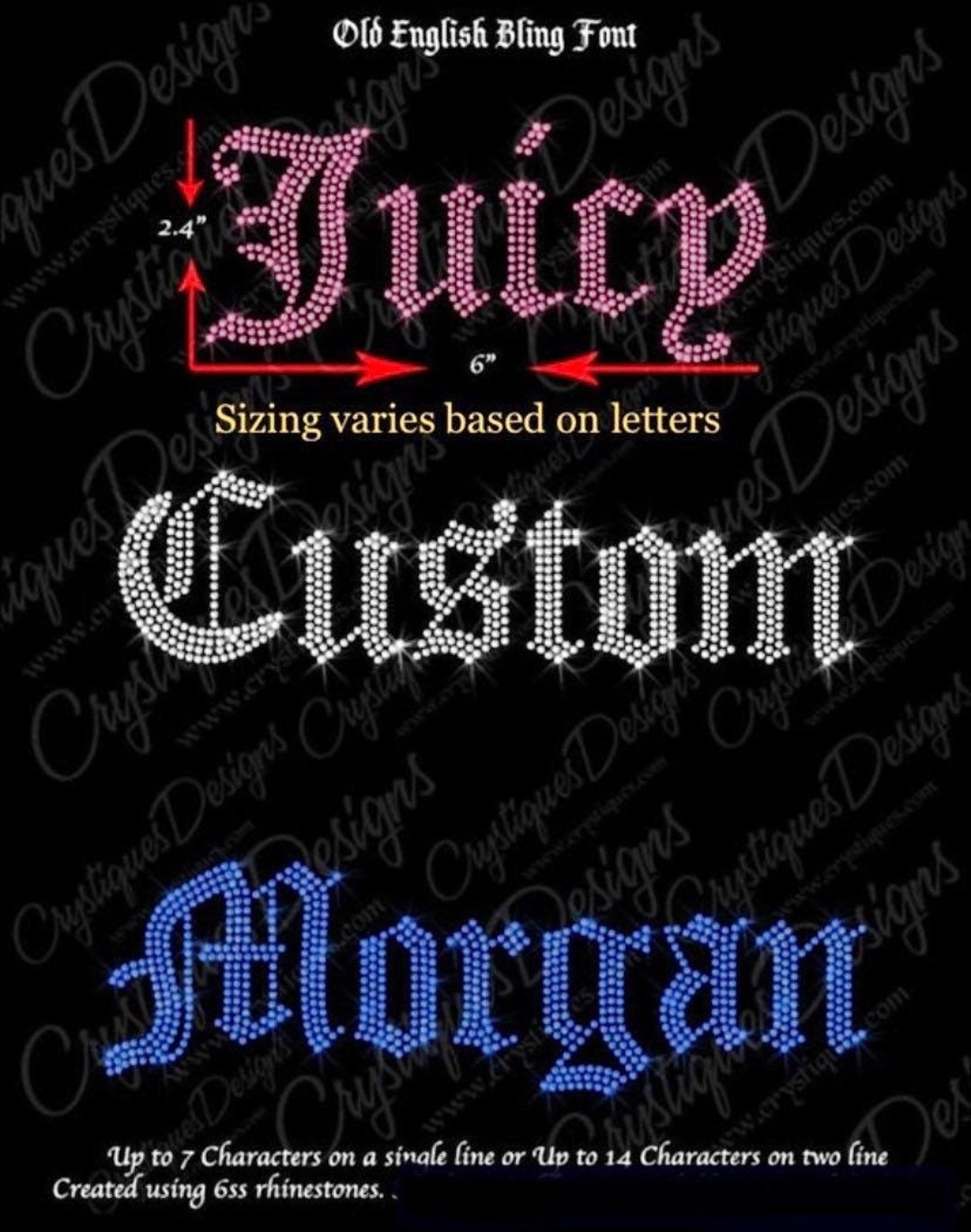 Old English Bling Font-personalize a Phrase or Name-iron on Hot Fix ...