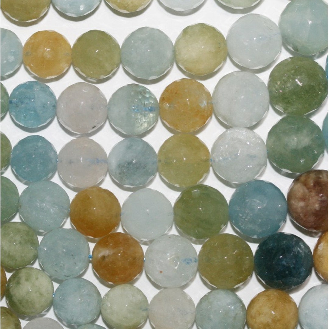 15" St Aquamarine and Yellow Heliodore Graduated Faceted Round Beads 6 ...