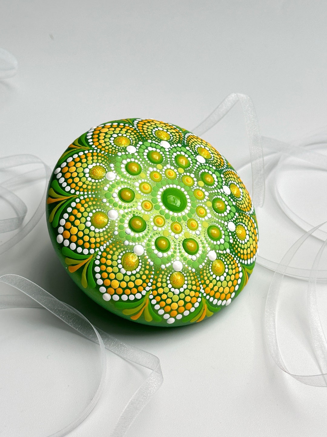 Hand Painted Mandala Stone in Refreshing Green and Yellow With Some ...