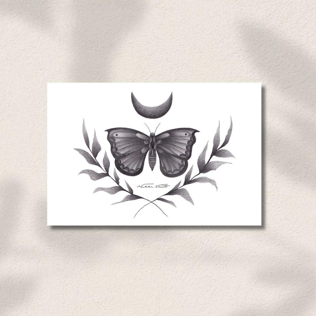 Butterfly, Moon, Art Print, Pencil Art, Pencil Drawing, Butterfly Art ...