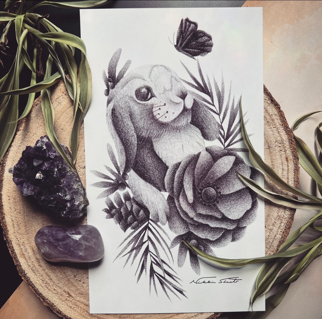 Floral Bunny, 5x7, Print, Graphite Print, Art Print, Spring Artwork ...