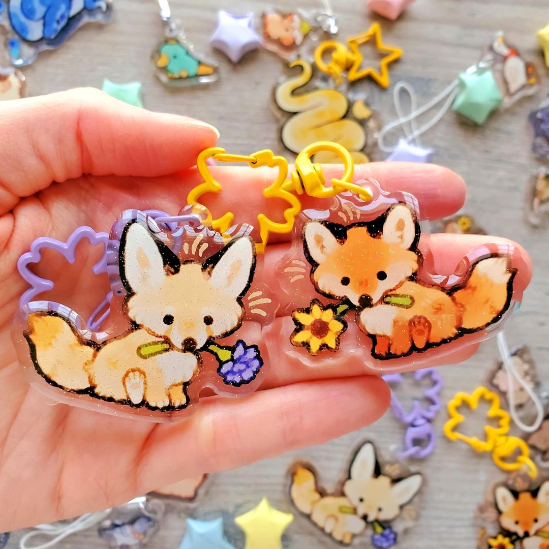 Flower Fox Keychains / Double-sided Glitter Acrylic Fennec and Red Fox ...