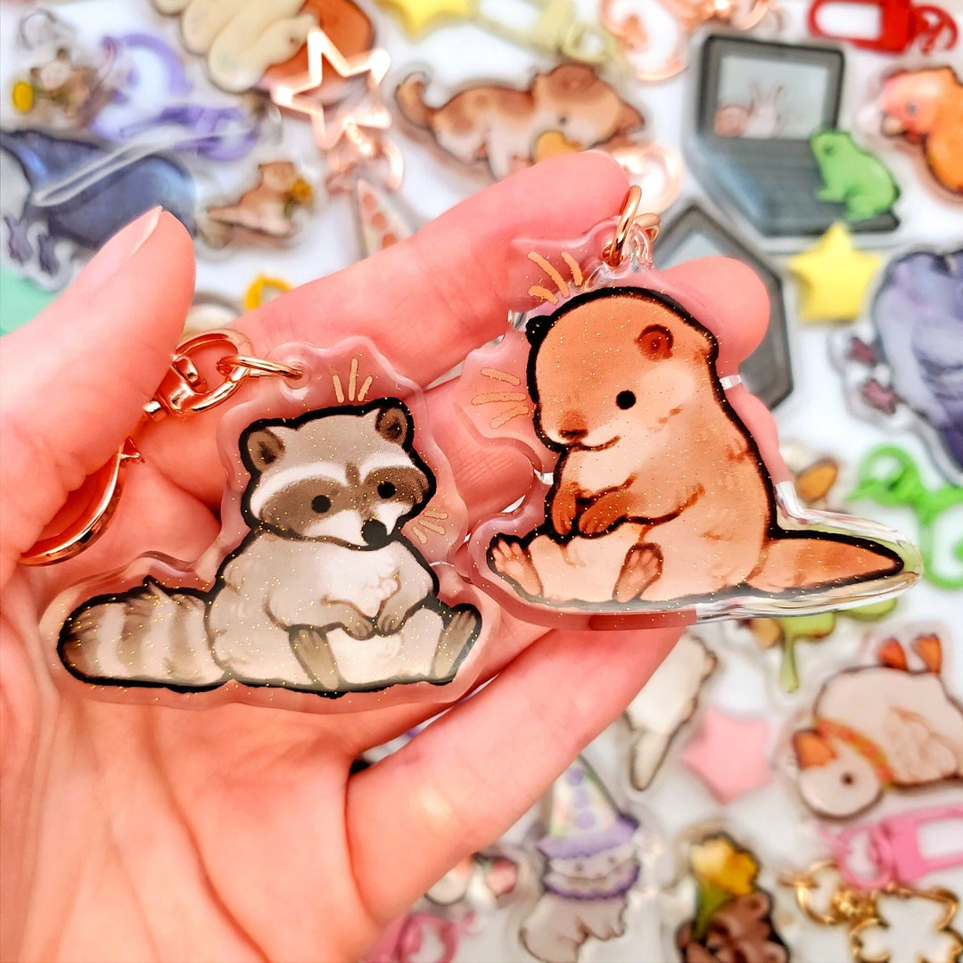 Sitting Otter & Raccoon Keychains / 2in Glitter Double-sided Acrylic ...