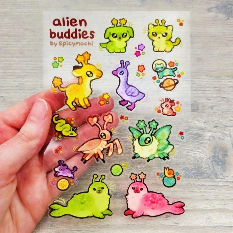 Alien Buddies Sticker Sheet / Clear Transparent Cute Alien Animal ...