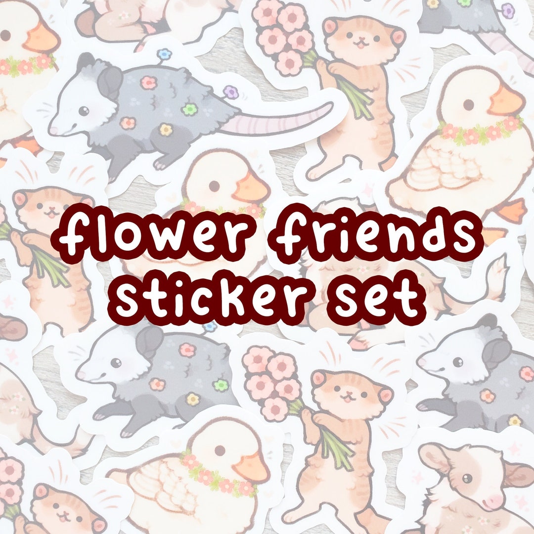 Flower Friends Sticker Set of 4: Cat, Cow, Opossum, Ducky / Spring ...