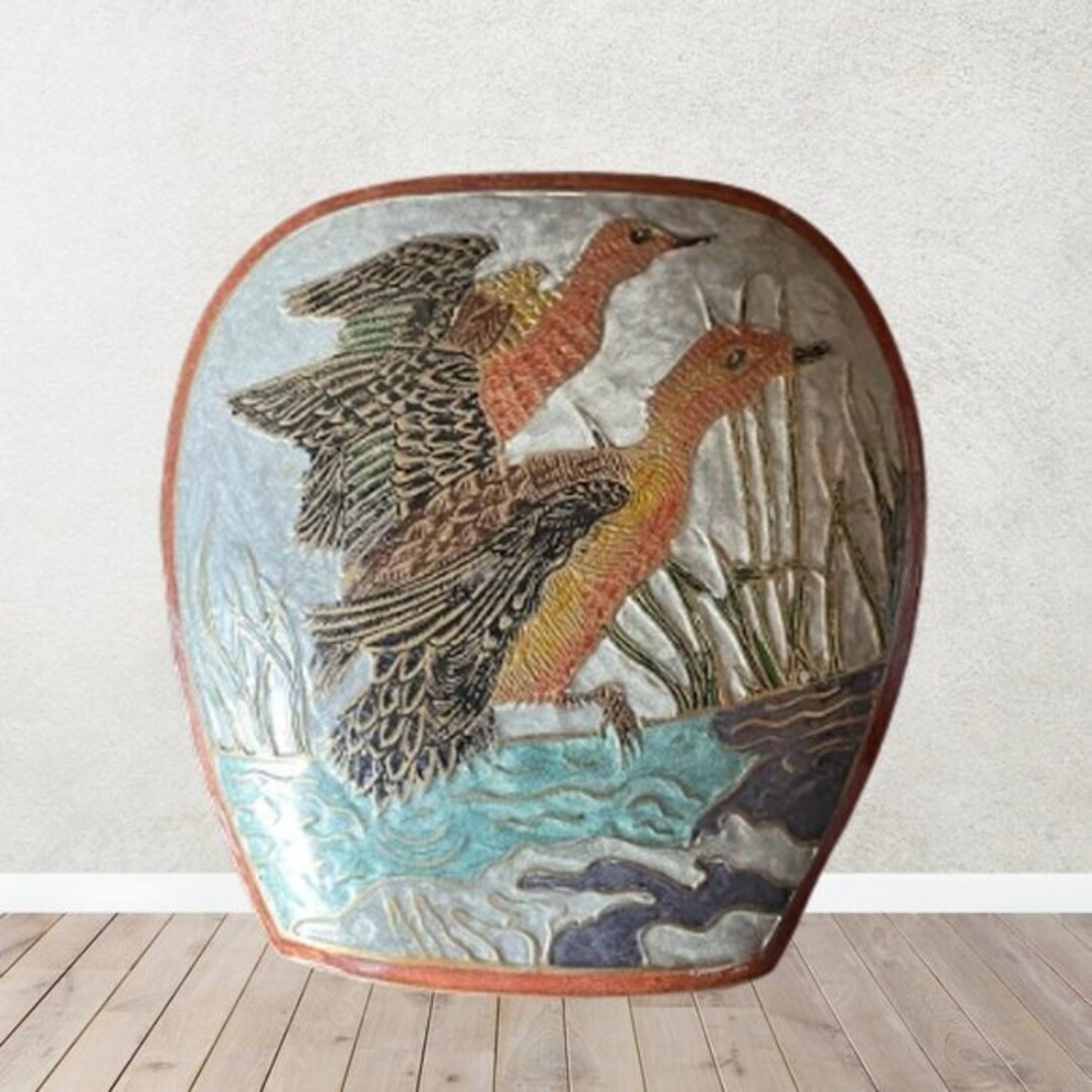 Art Deco Cloisonne Brass Vase Enamel Inlay Ducks Pond Scene Ornamental ...