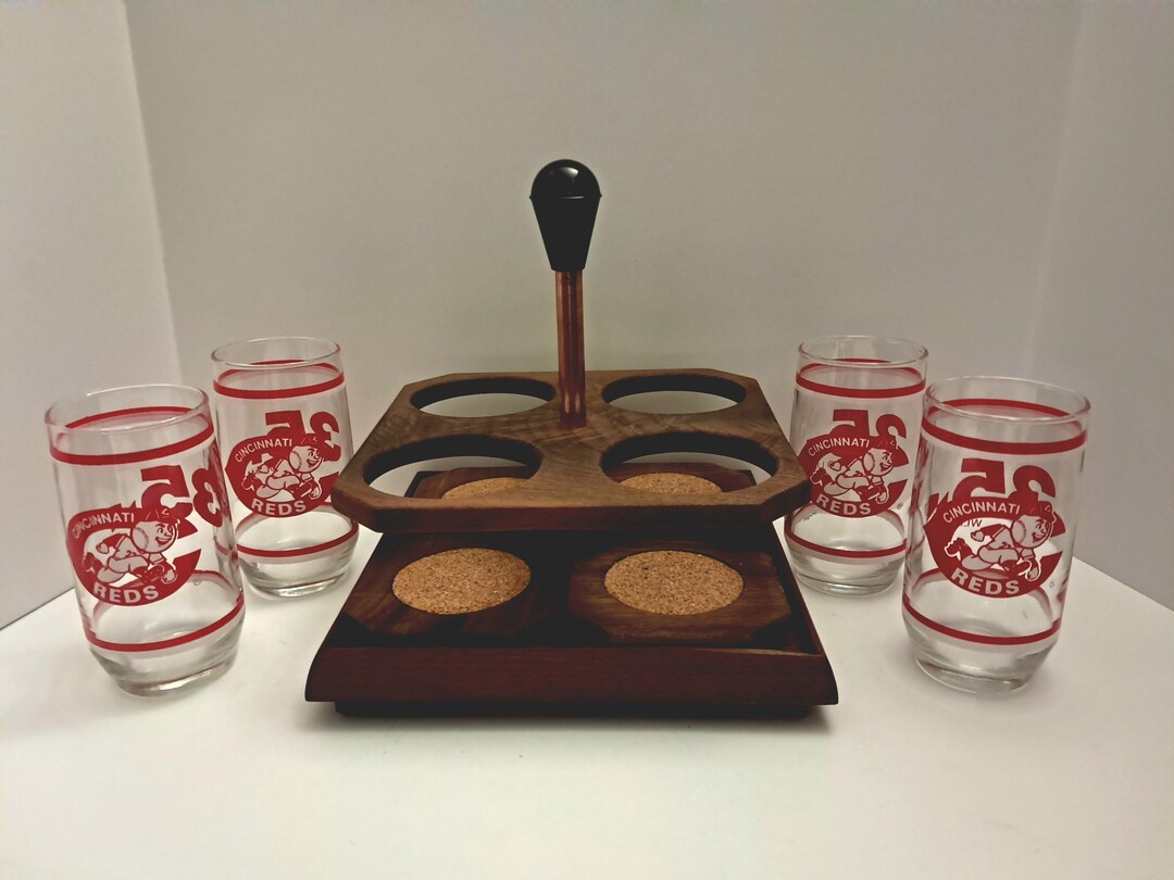 Vintage Cincinnati Reds 4 Glass Set With Wood Holder With Built in ...