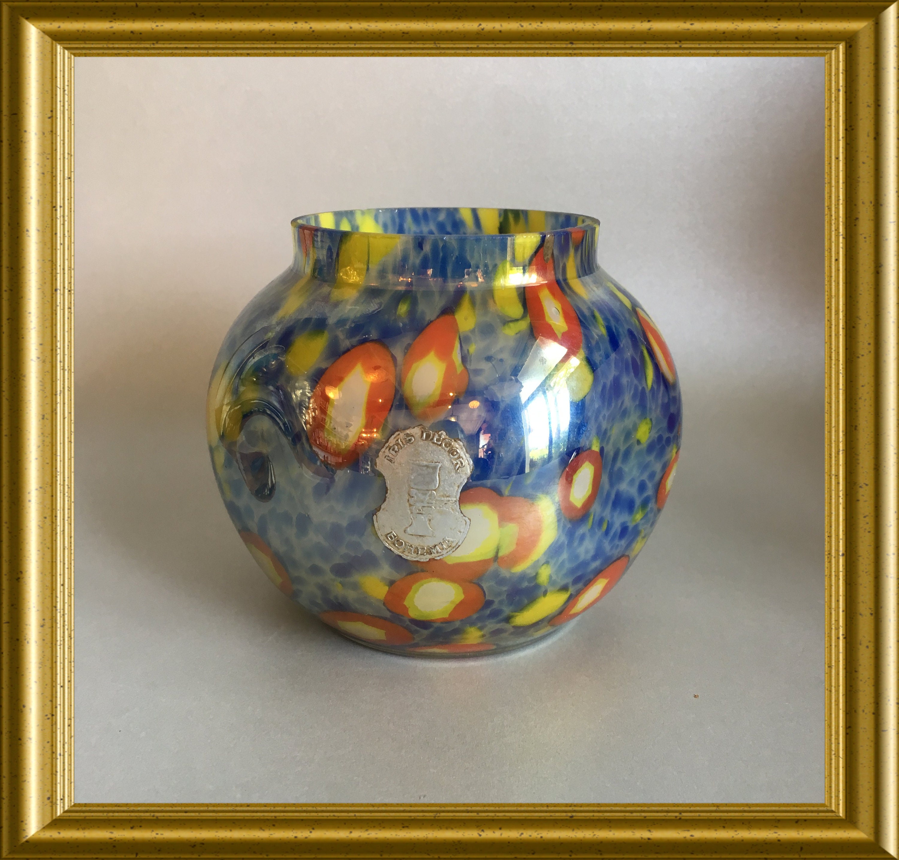 Jugendstil blue glass vase: Kralik, Iris decor, Bohemia