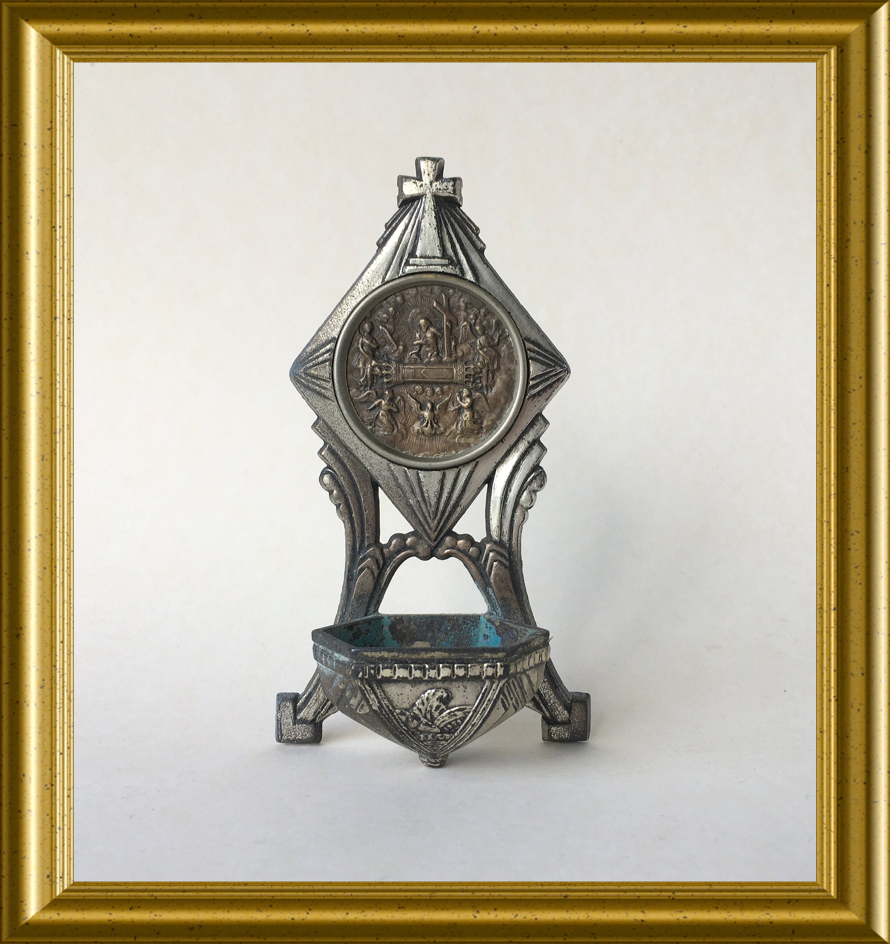 Antique small standing metal holy water font, stoup