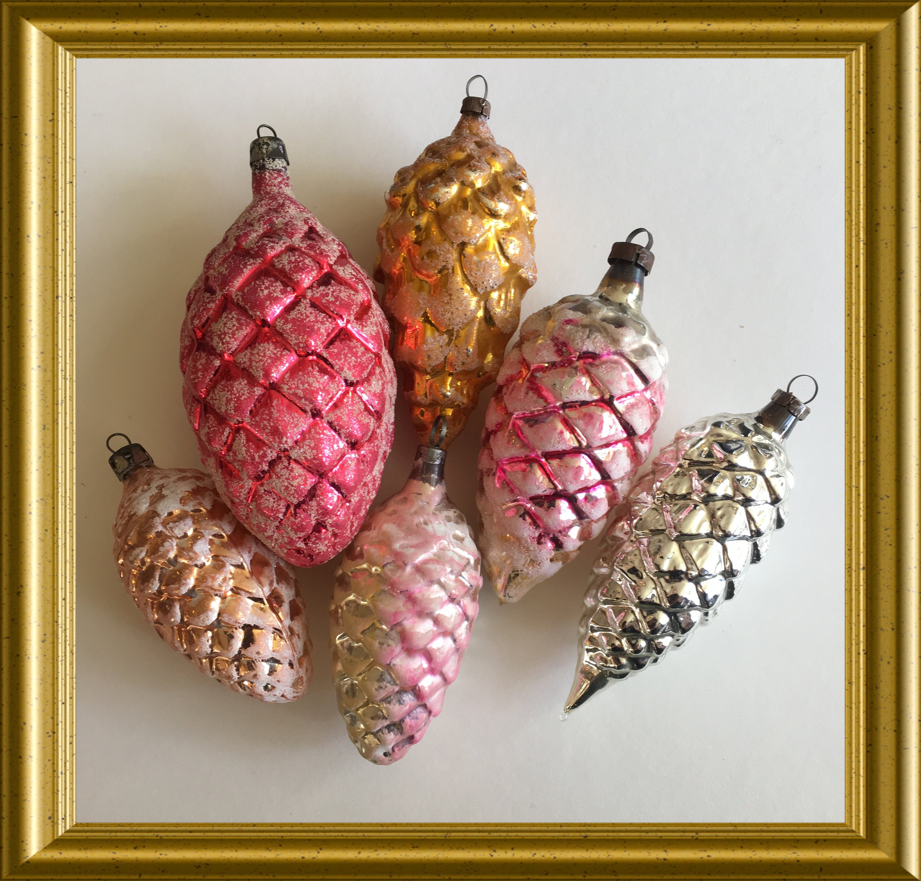 Vintage Glass Christmas Ornament Pine Cone Pinkwhite Yellow