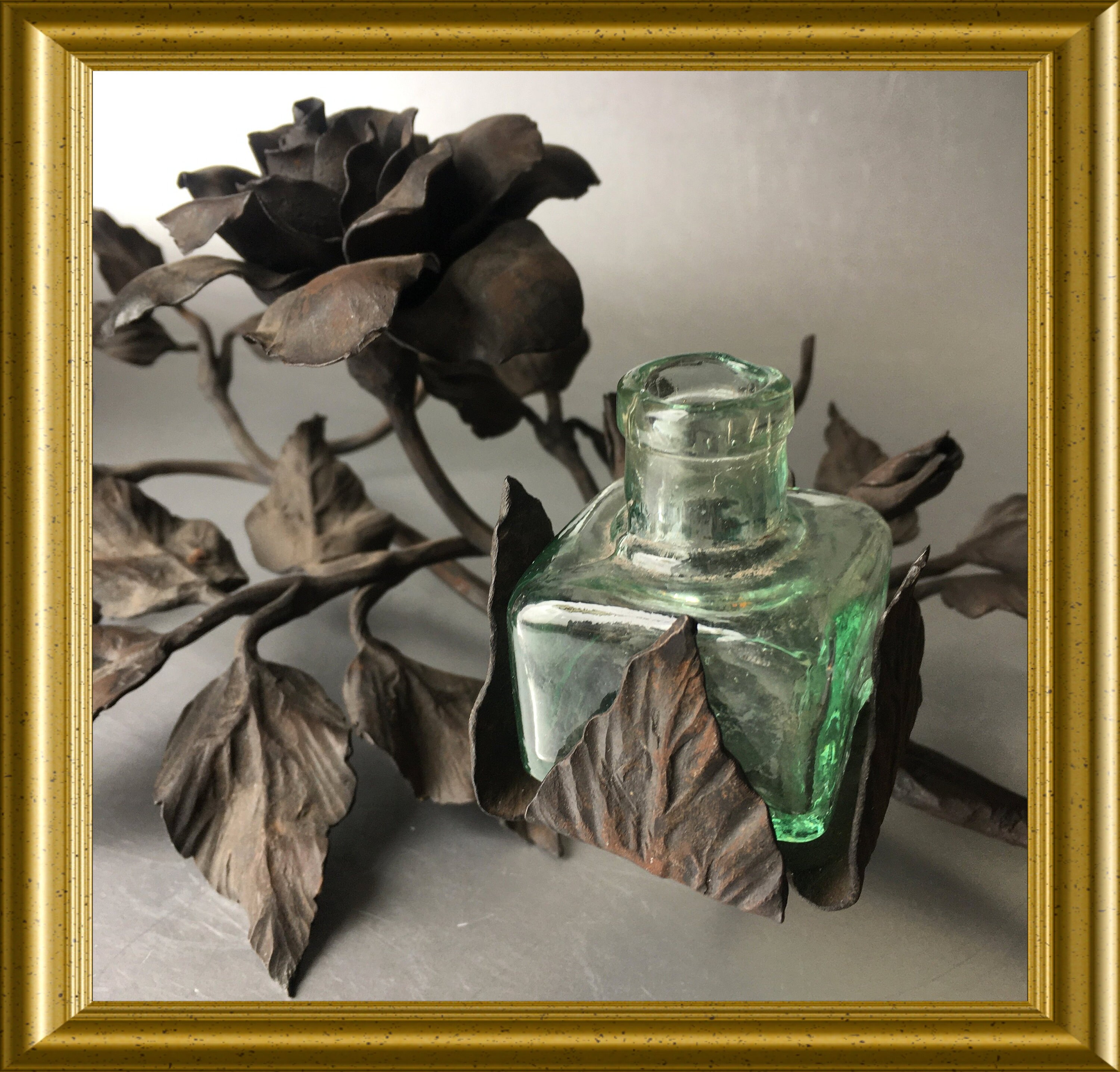 Antique wrought iron rose inkwell, signed