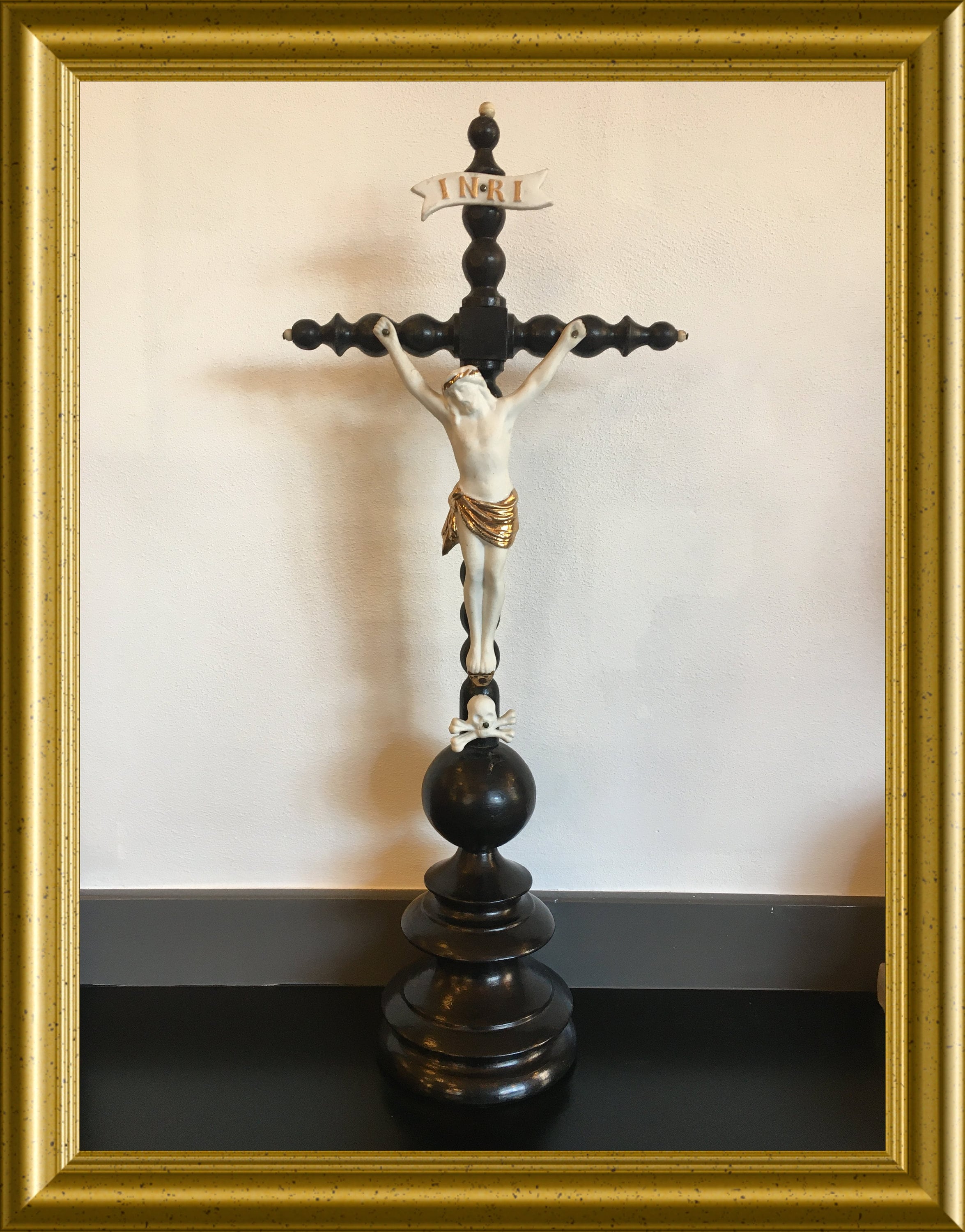 Antique standing wooden cross with porcelain Jesus