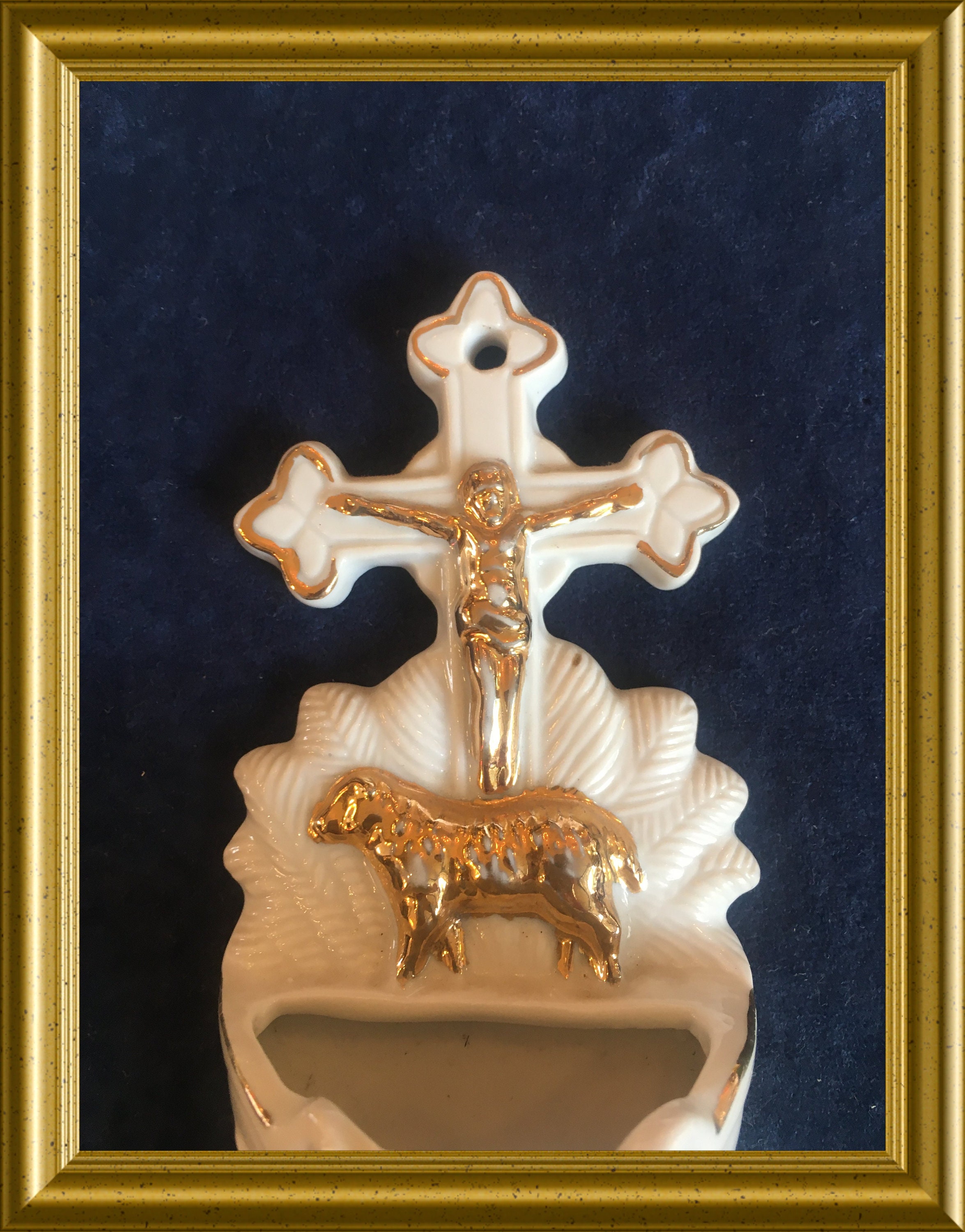 Vintage porcelain holy water font: cross, Jesus, lamb