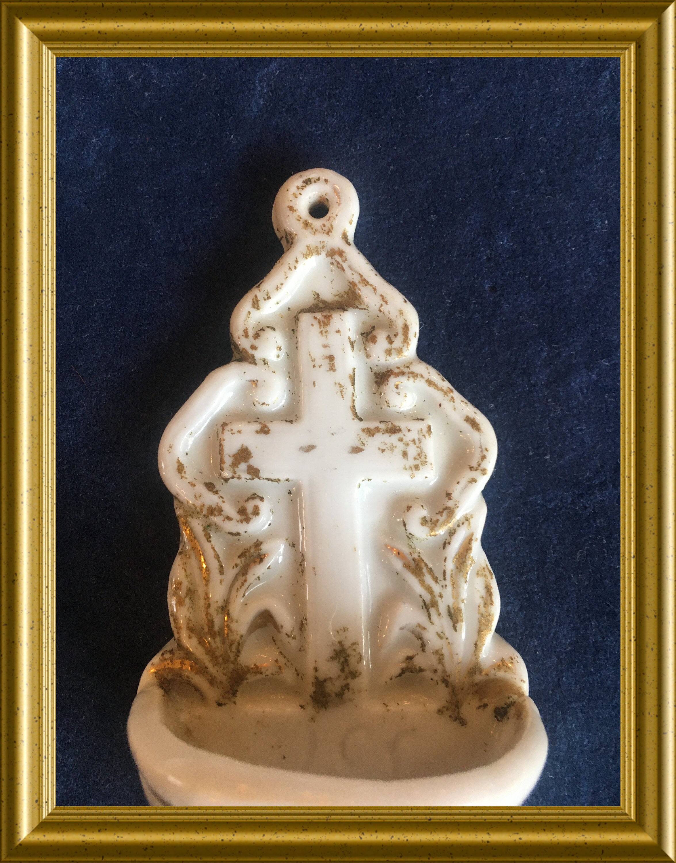 Antique small porcelain holy water font: cross