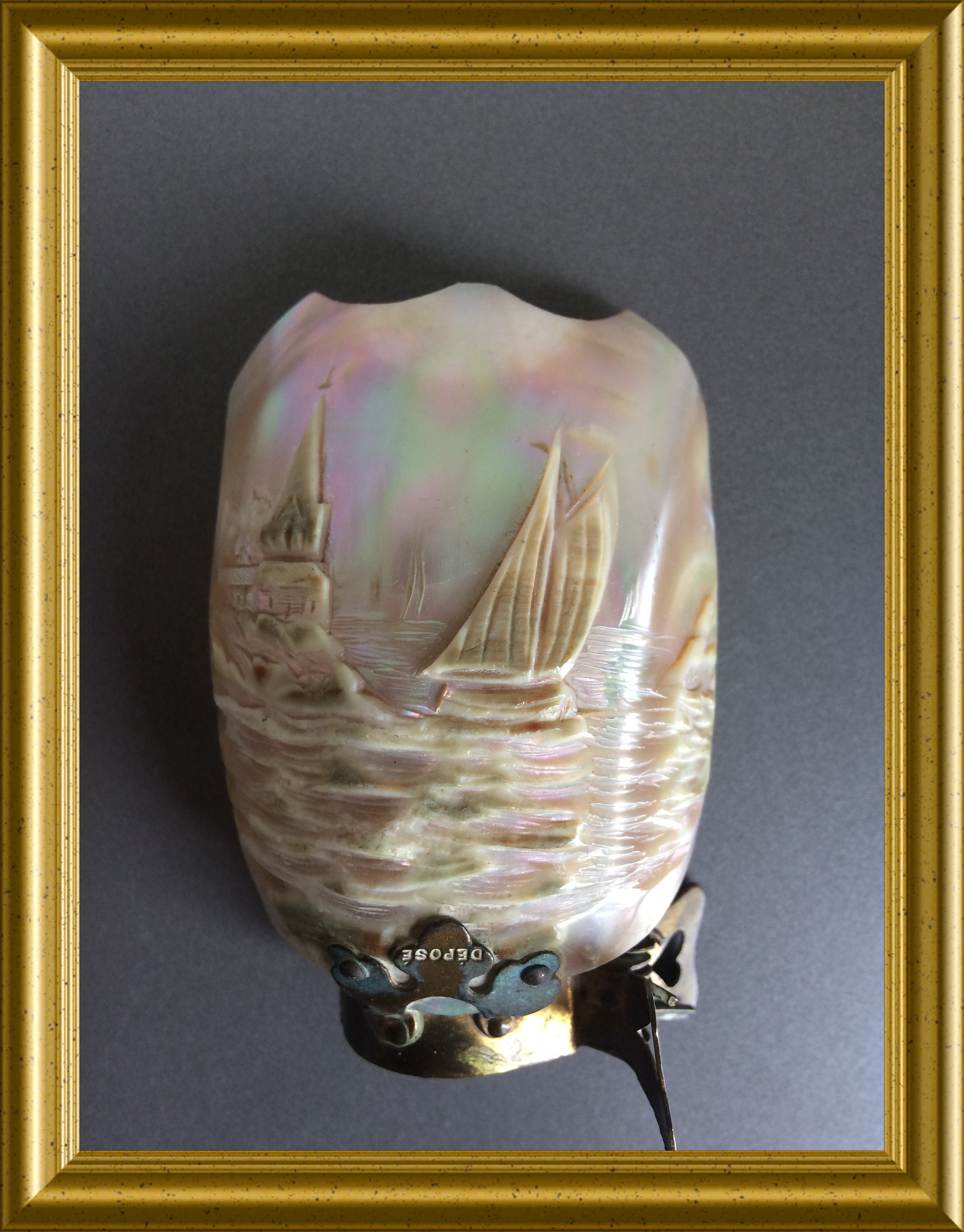 Antique candle shield, carved shell, mother of pearl