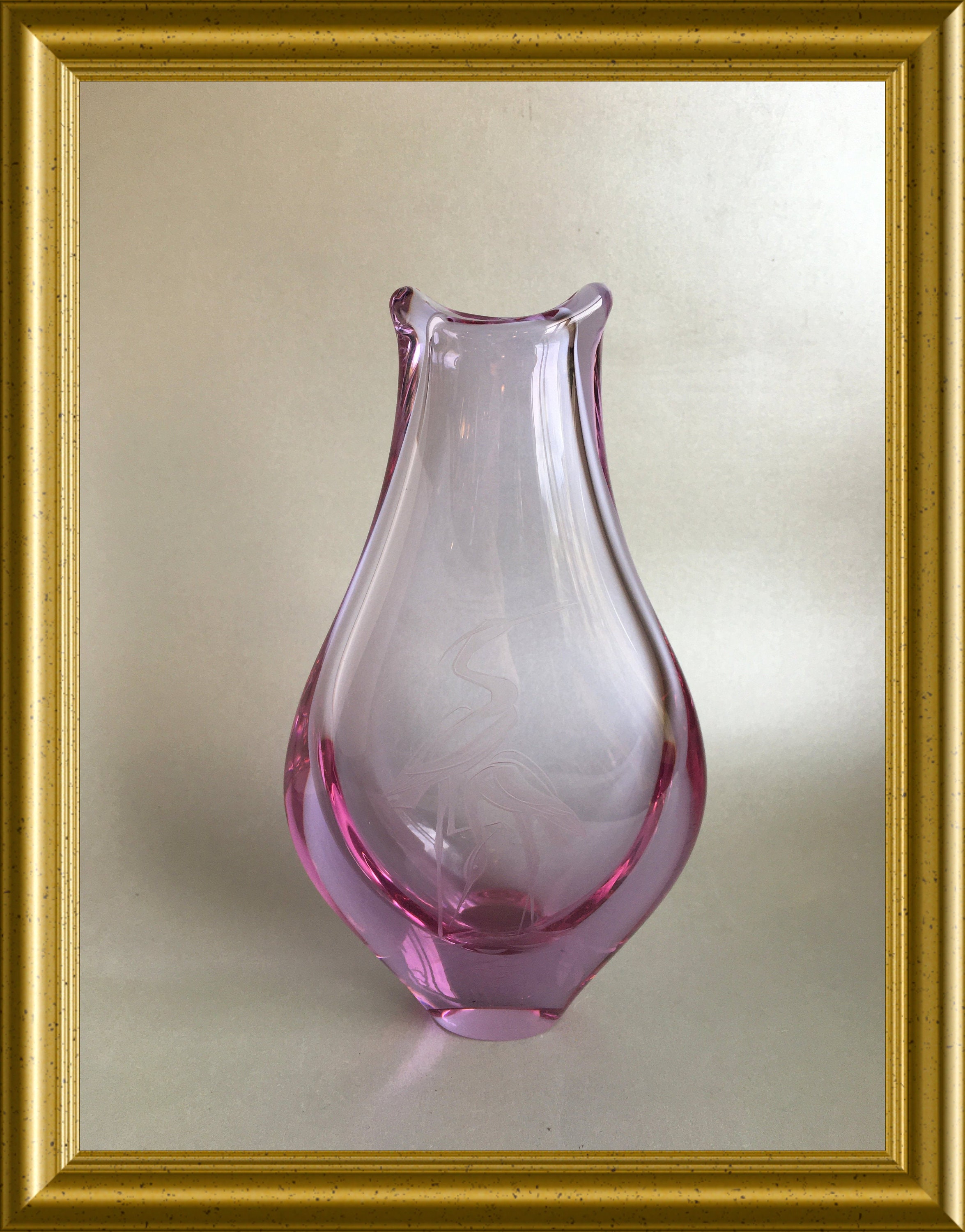 Vintage lilac glass design vase: Miloslav Klinger, ZBS, etched birds, crane