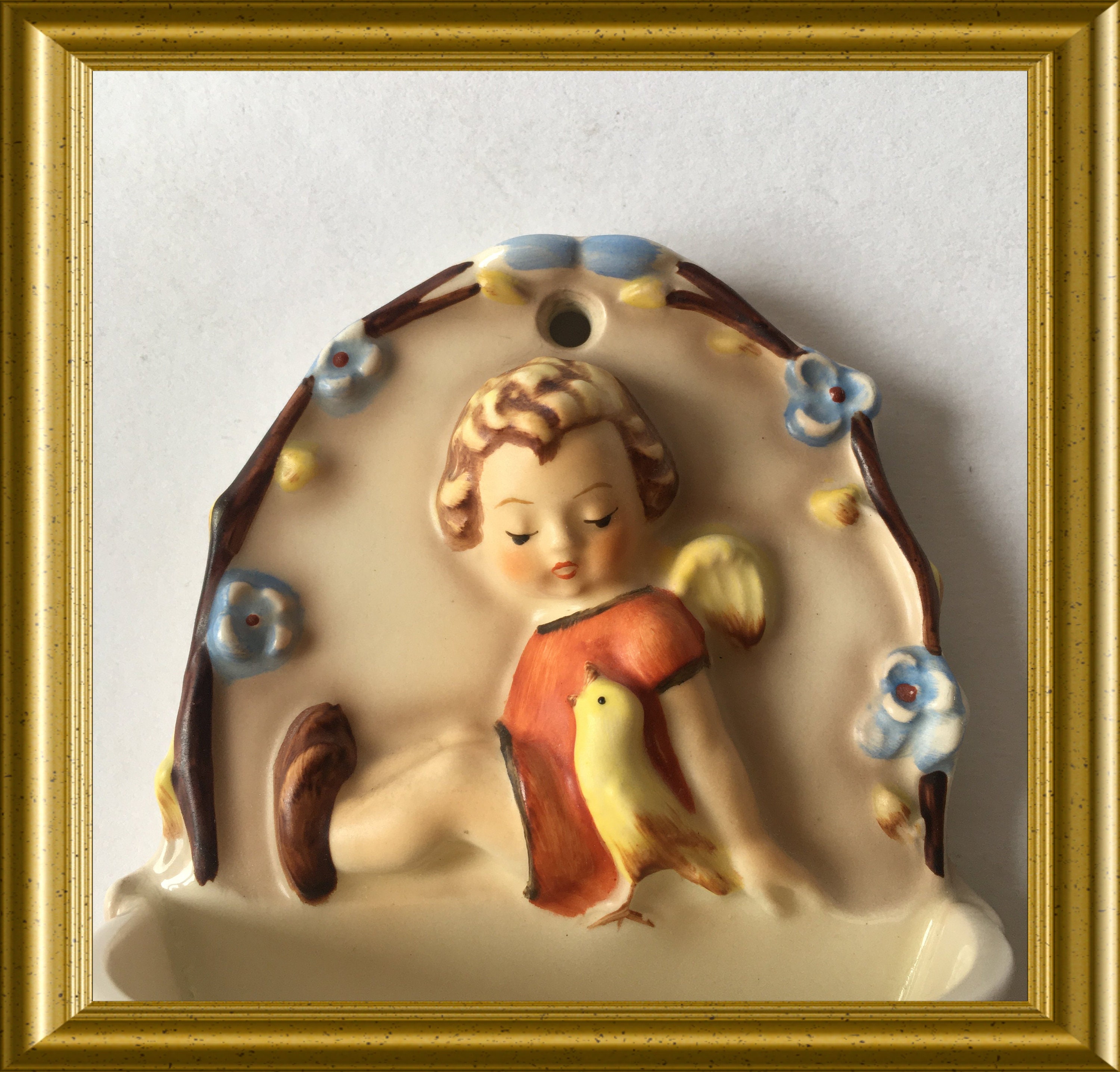 Vintage holy water font: Goebel, Hummel, angel with bird
