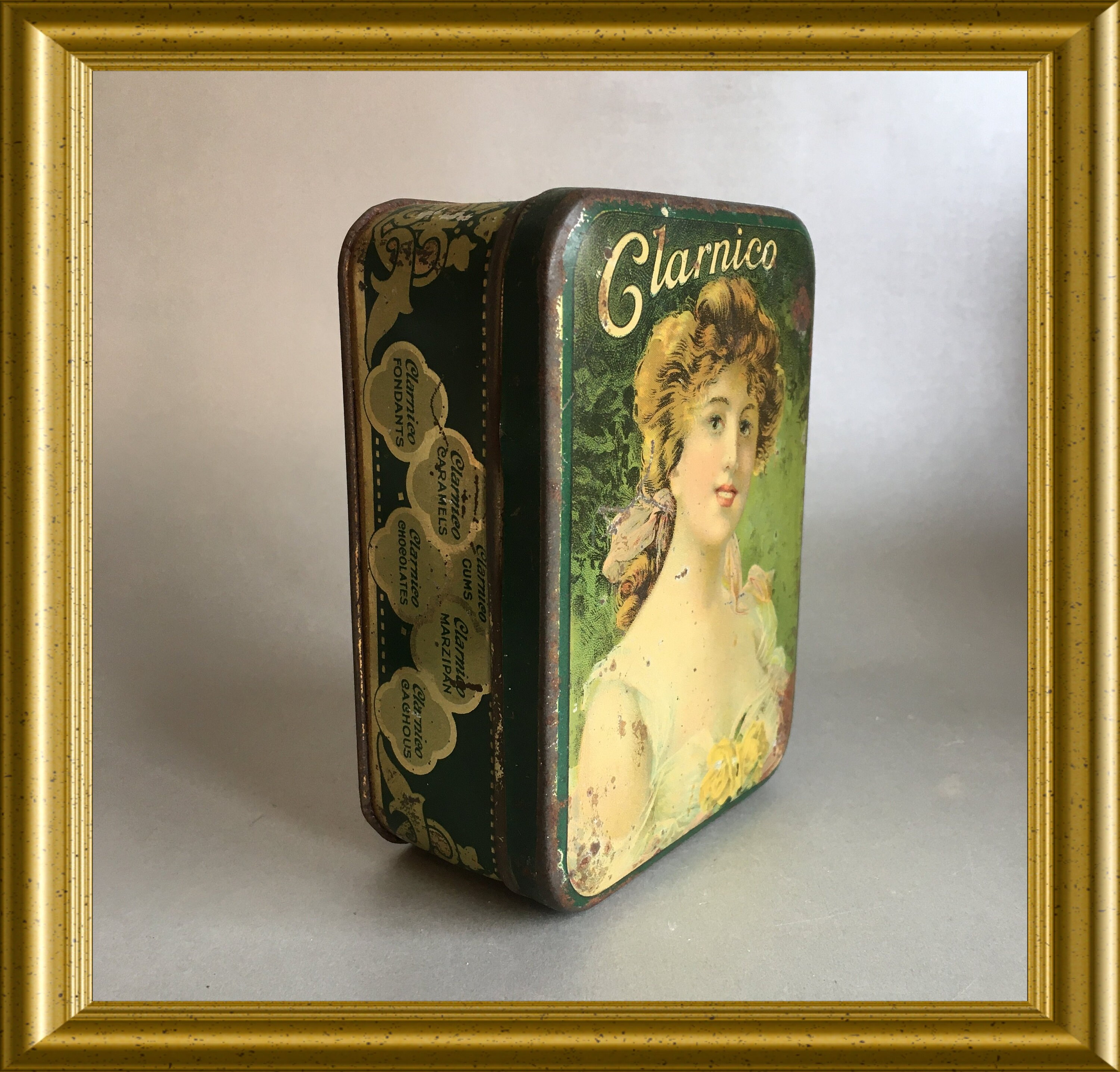 Antique tin box : Clarnico, candy, portrait lady