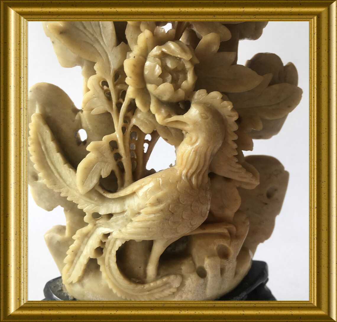 Lovely Chinese Soapstone Bird Figurine: Phoenix With Flowers - Etsy