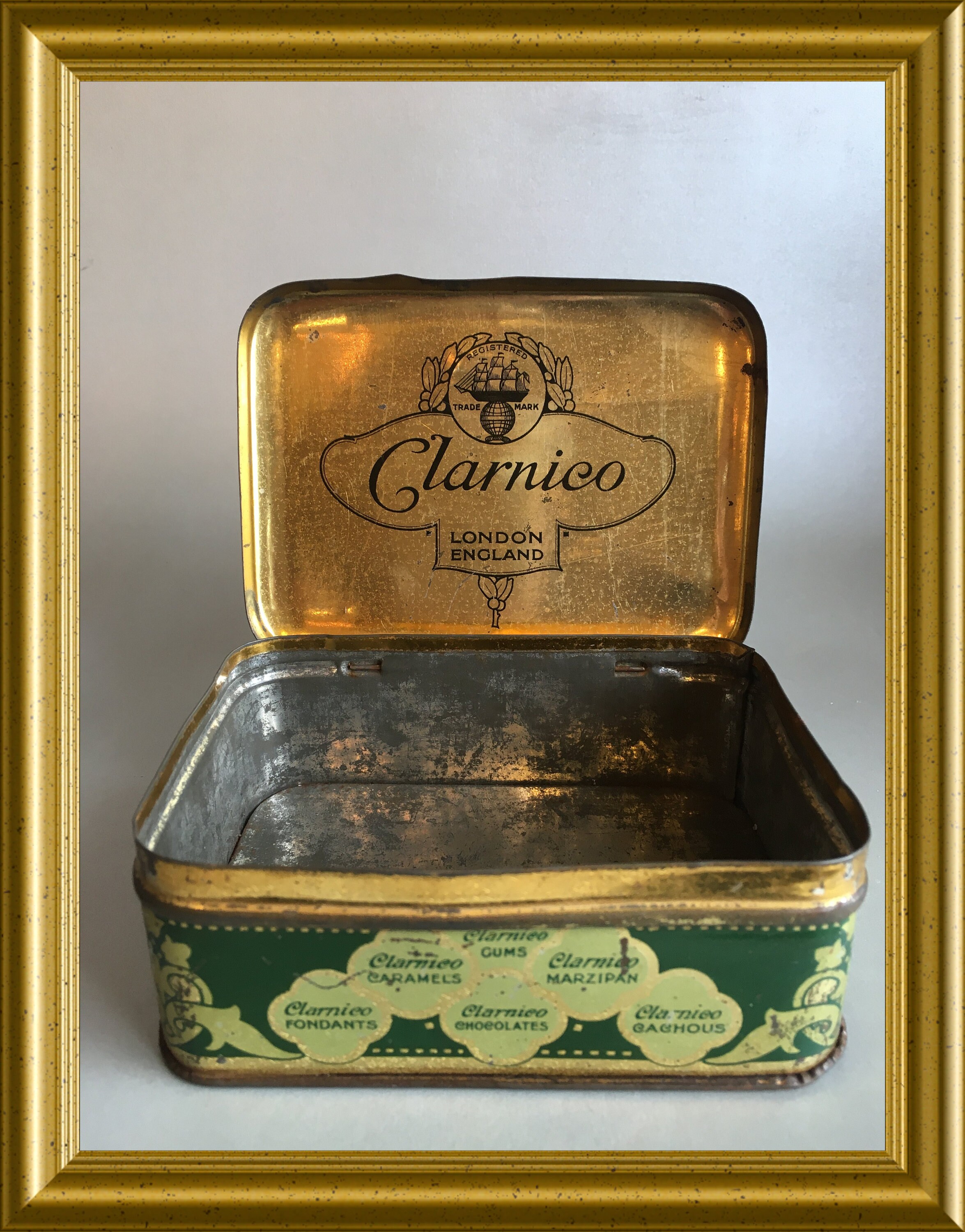 Antique tin box : Clarnico, candy, portrait lady