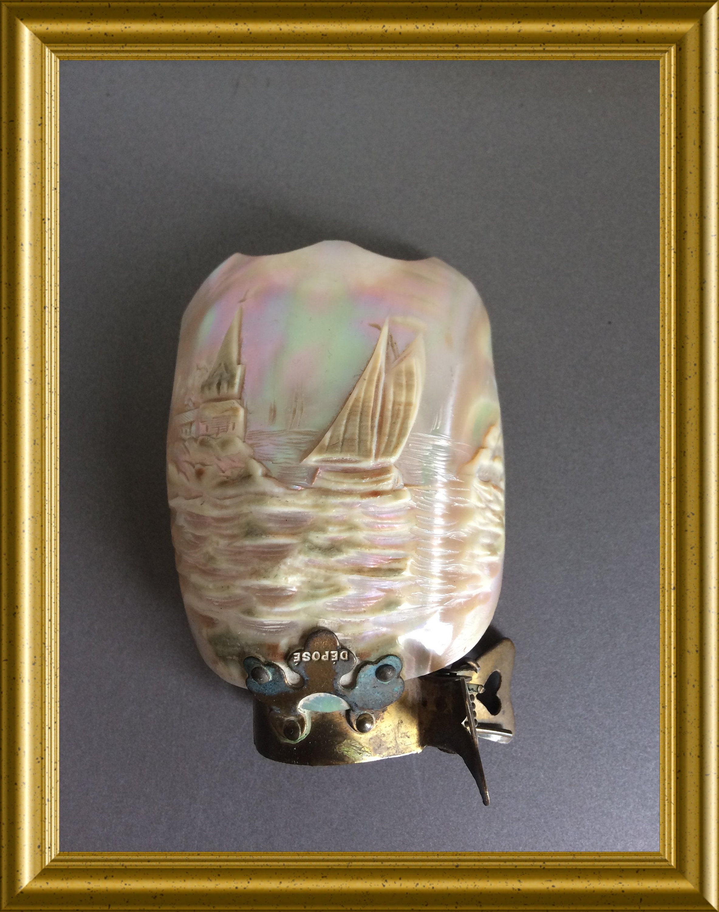 Antique candle shield, carved shell, mother of pearl