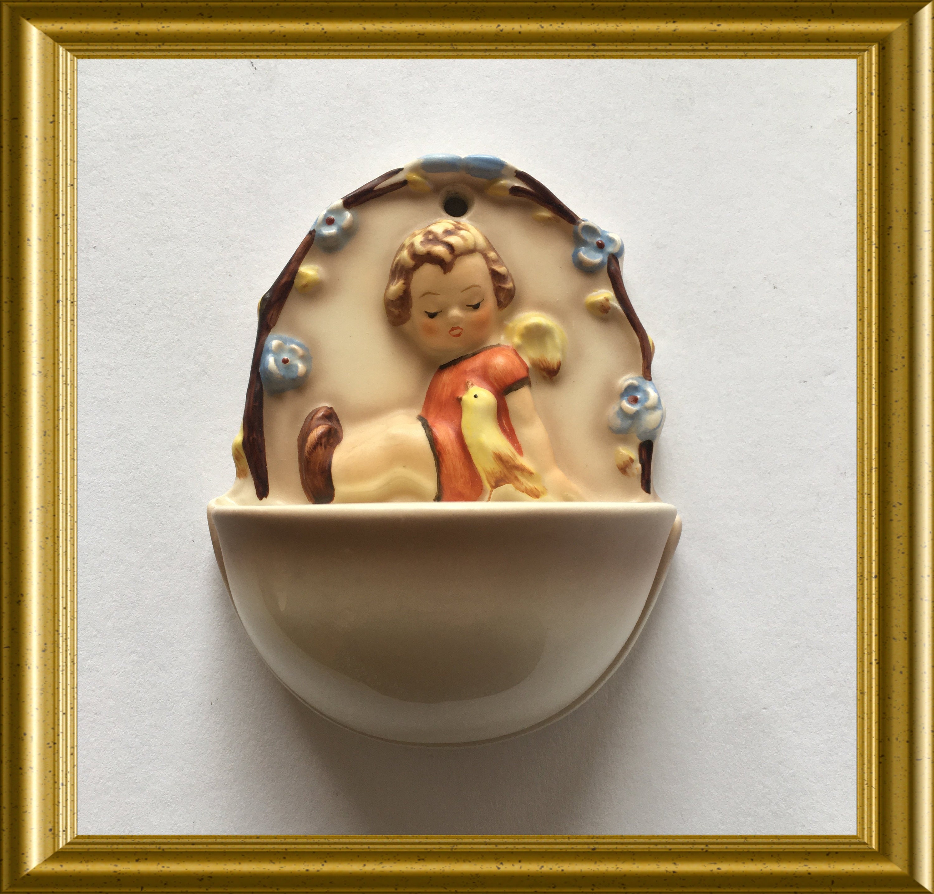 Vintage holy water font: Goebel, Hummel, angel with bird