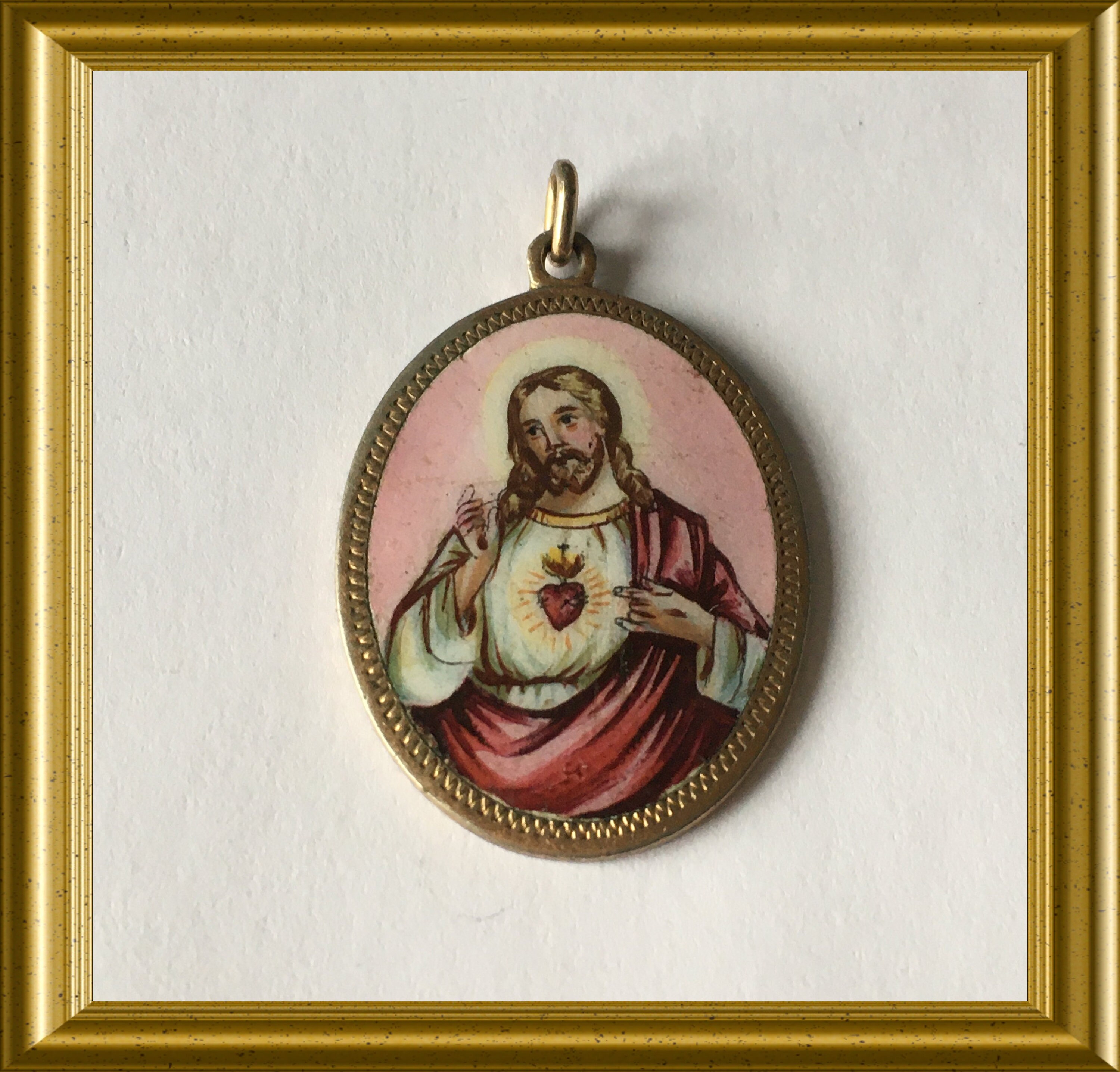 Antique small pink enamel pendant: Jesus, sacred heart