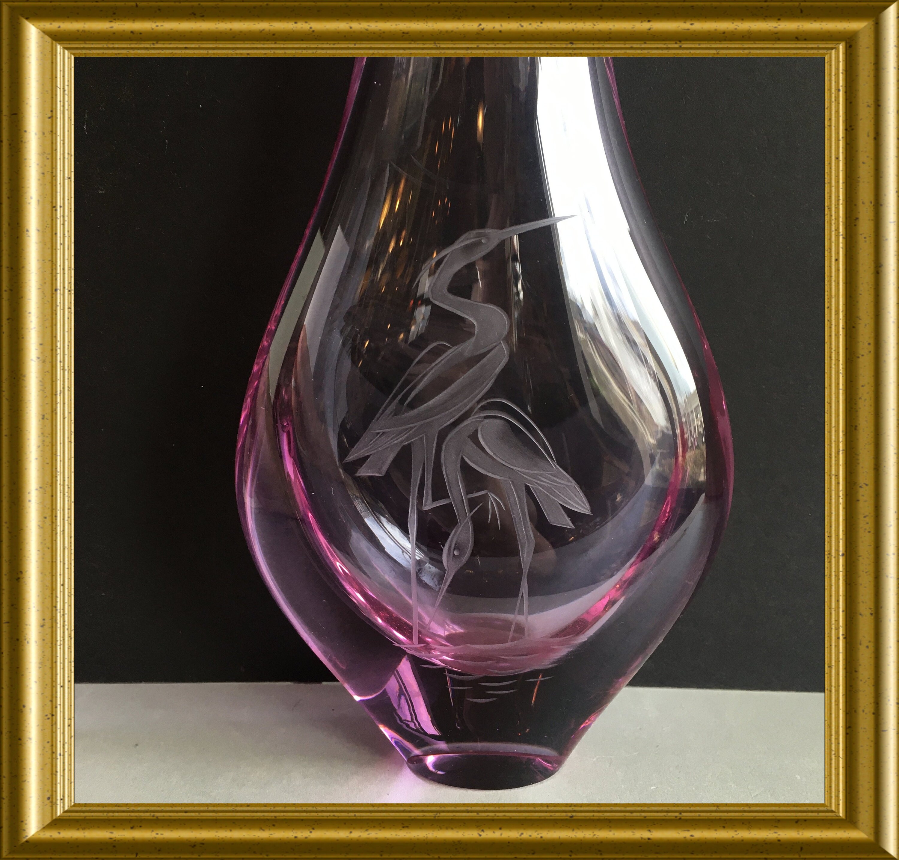 Vintage lilac glass design vase: Miloslav Klinger, ZBS, etched birds, crane