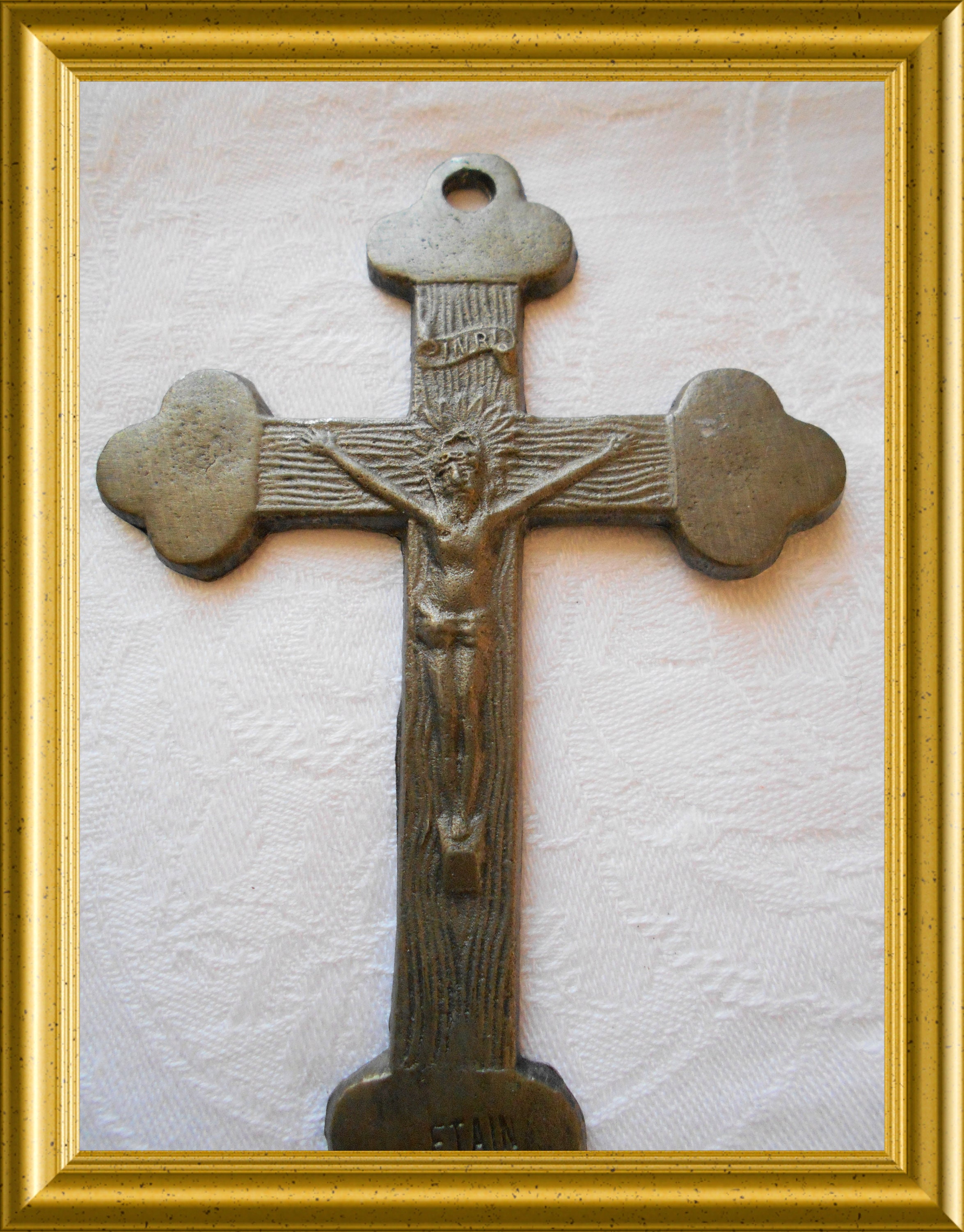 Vintage pewter holy water font, Jesus Christ, cross
