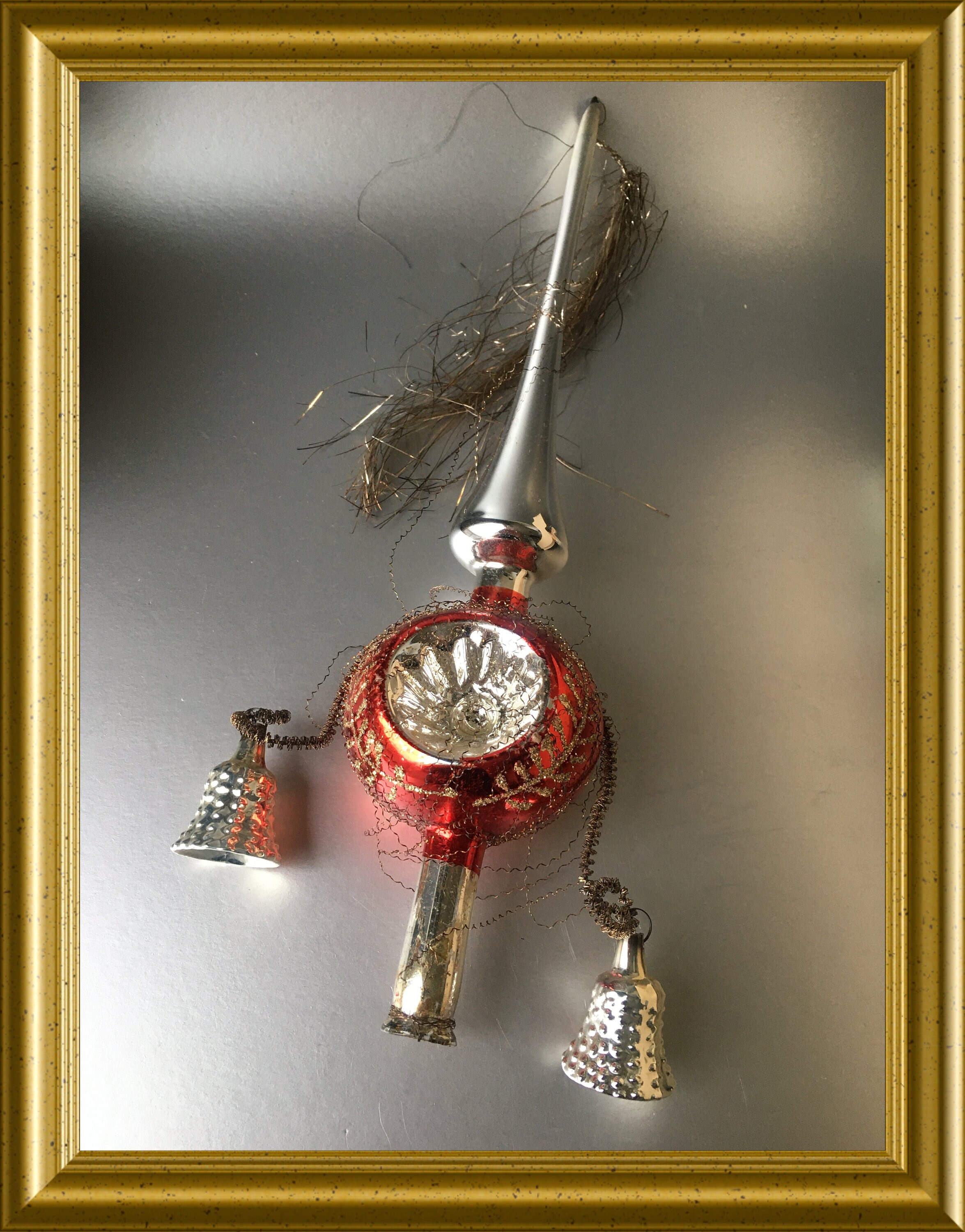 Vintage glass tree topper with dent and bells