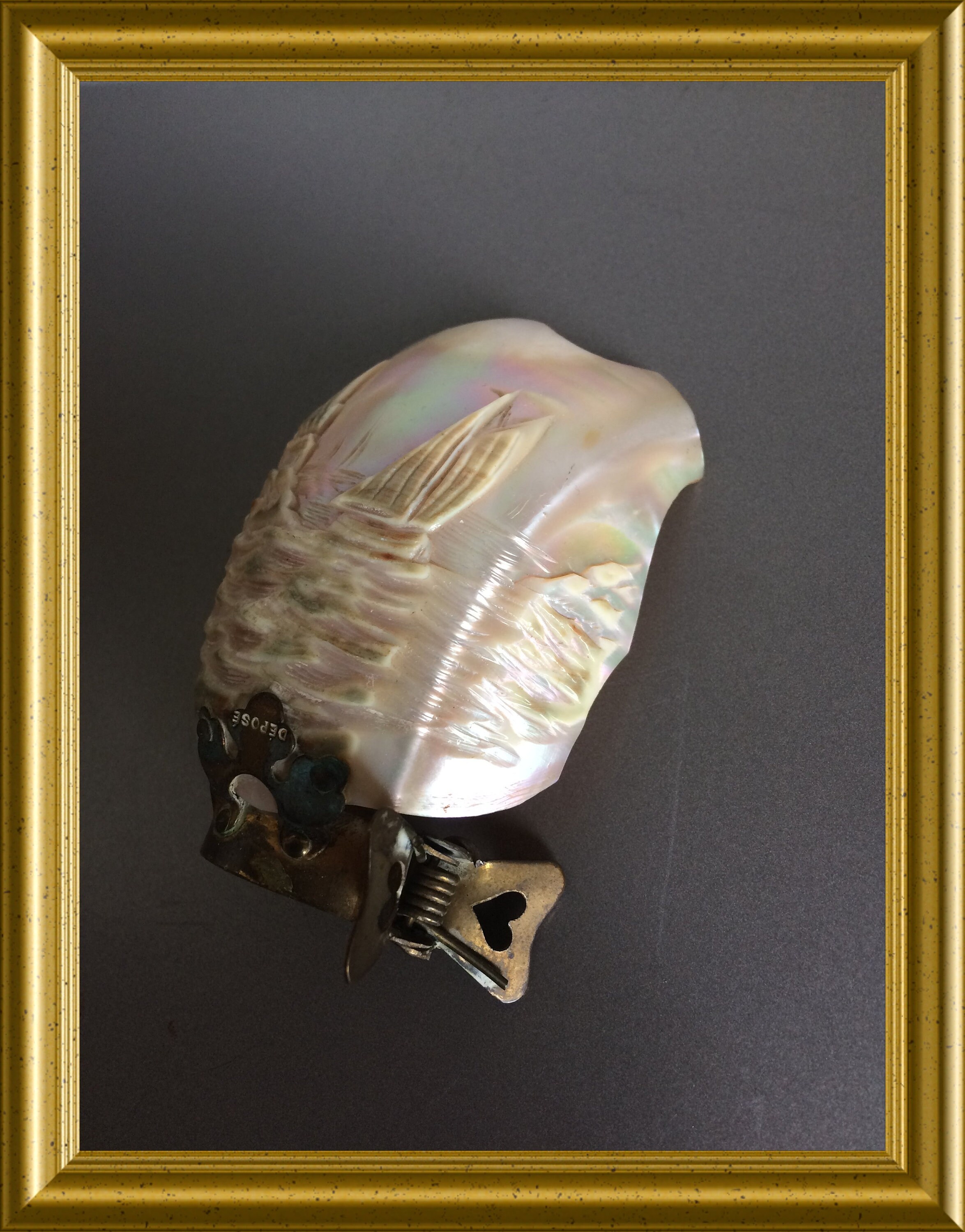 Antique candle shield, carved shell, mother of pearl