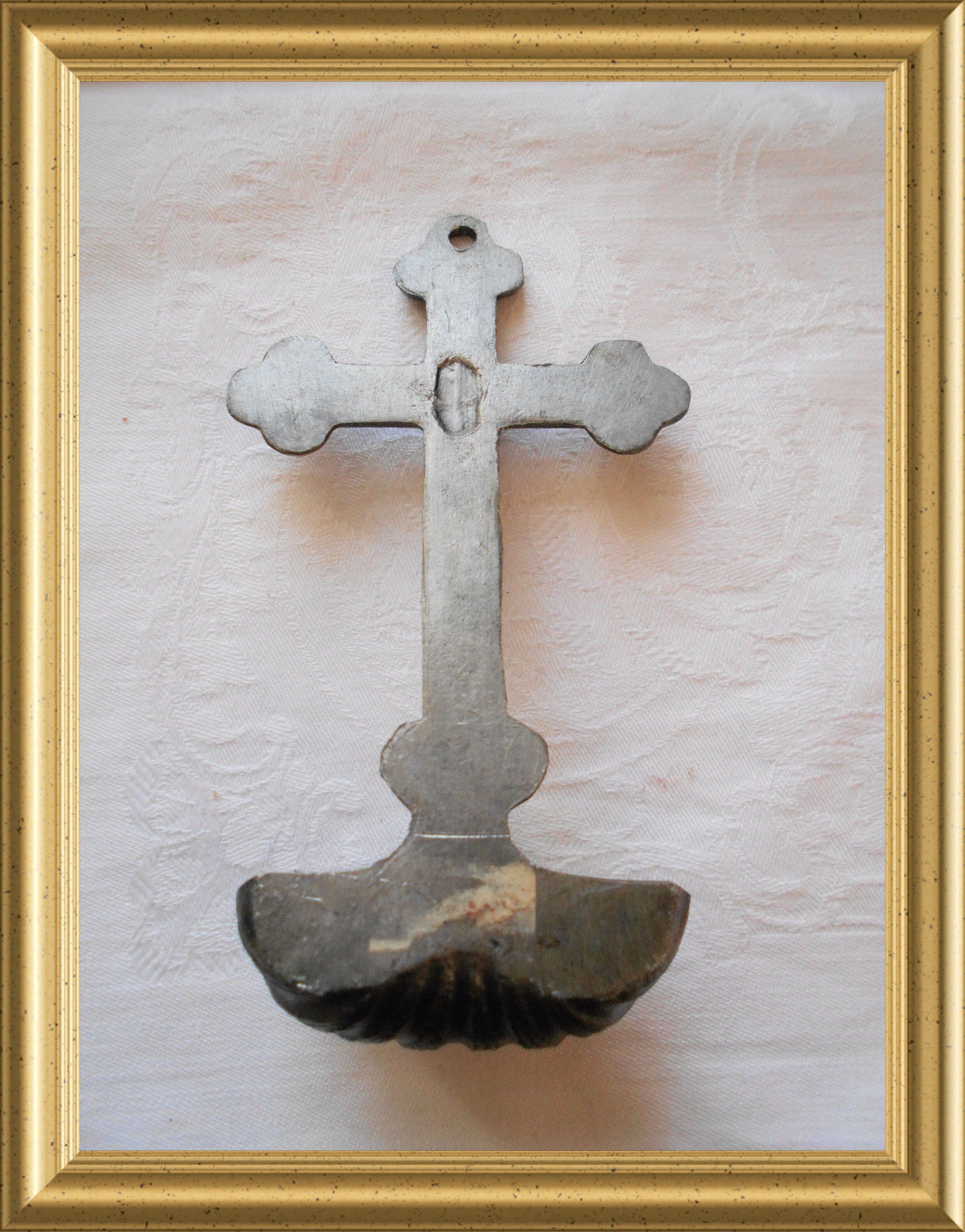 Vintage pewter holy water font, Jesus Christ, cross