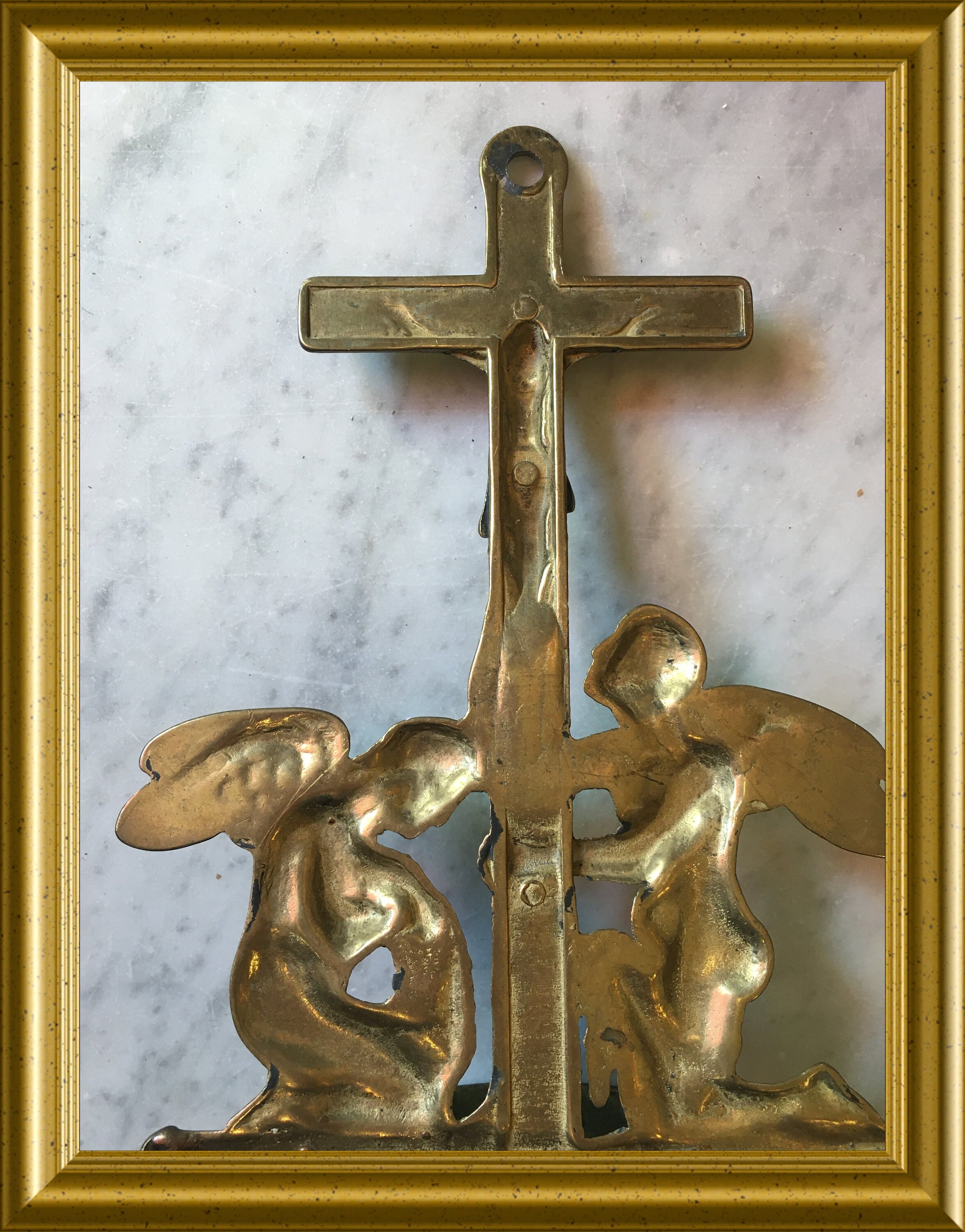 Vintage large brass holy water font: crucifix with angels