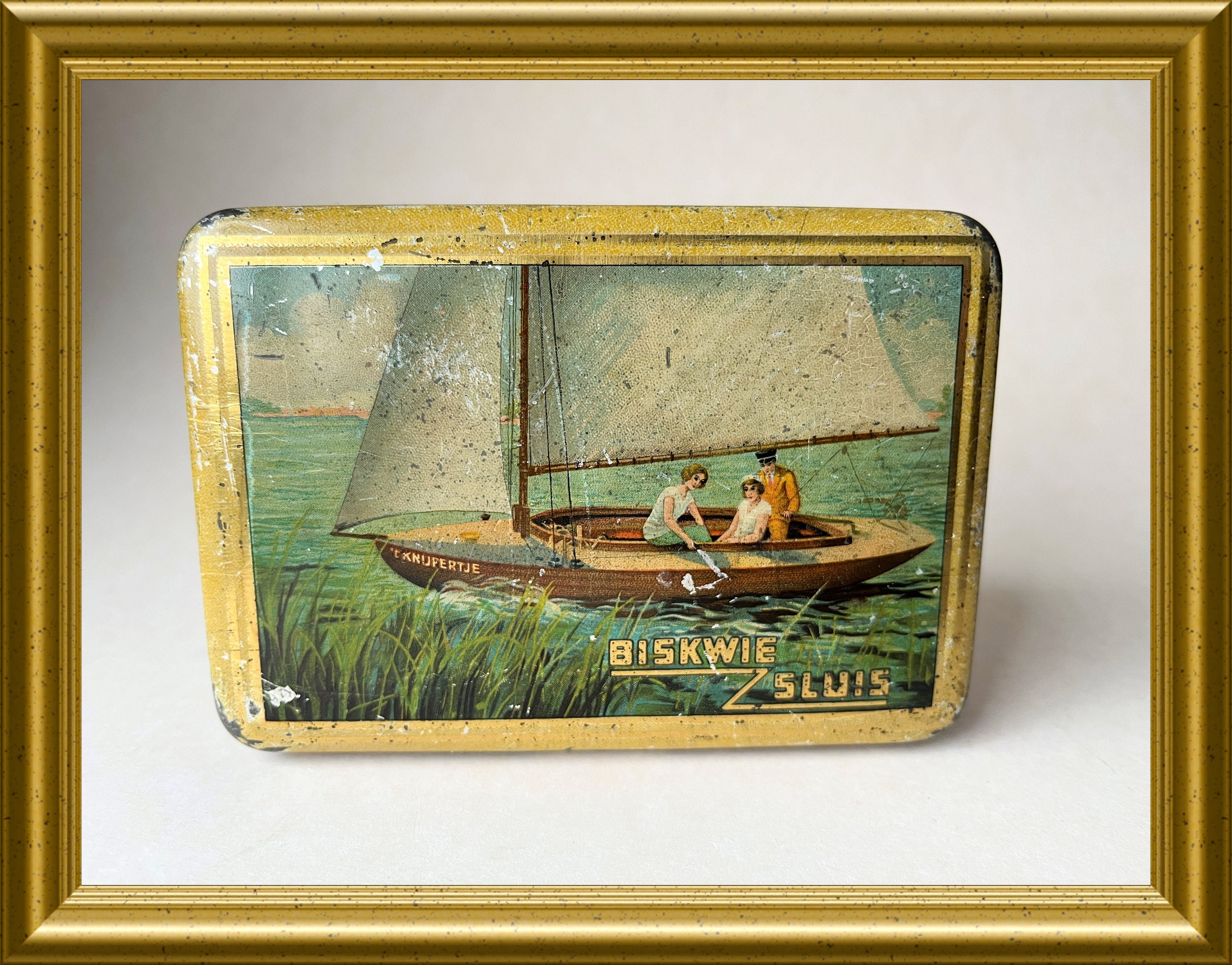 Antique Dutch tobacco tin box with sailing ship: Biskwie Sluis ...