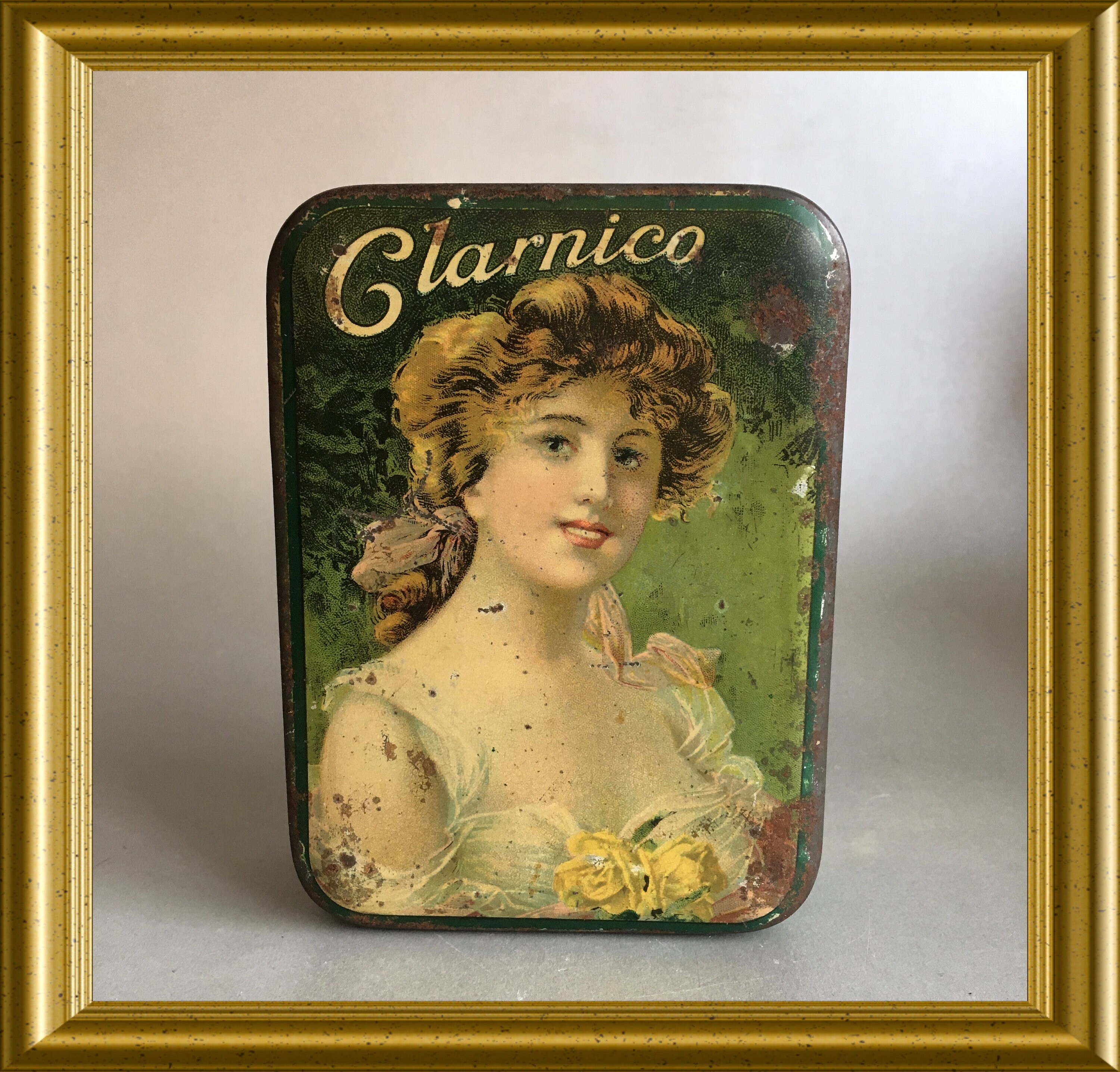 Antique tin box : Clarnico, candy, portrait lady