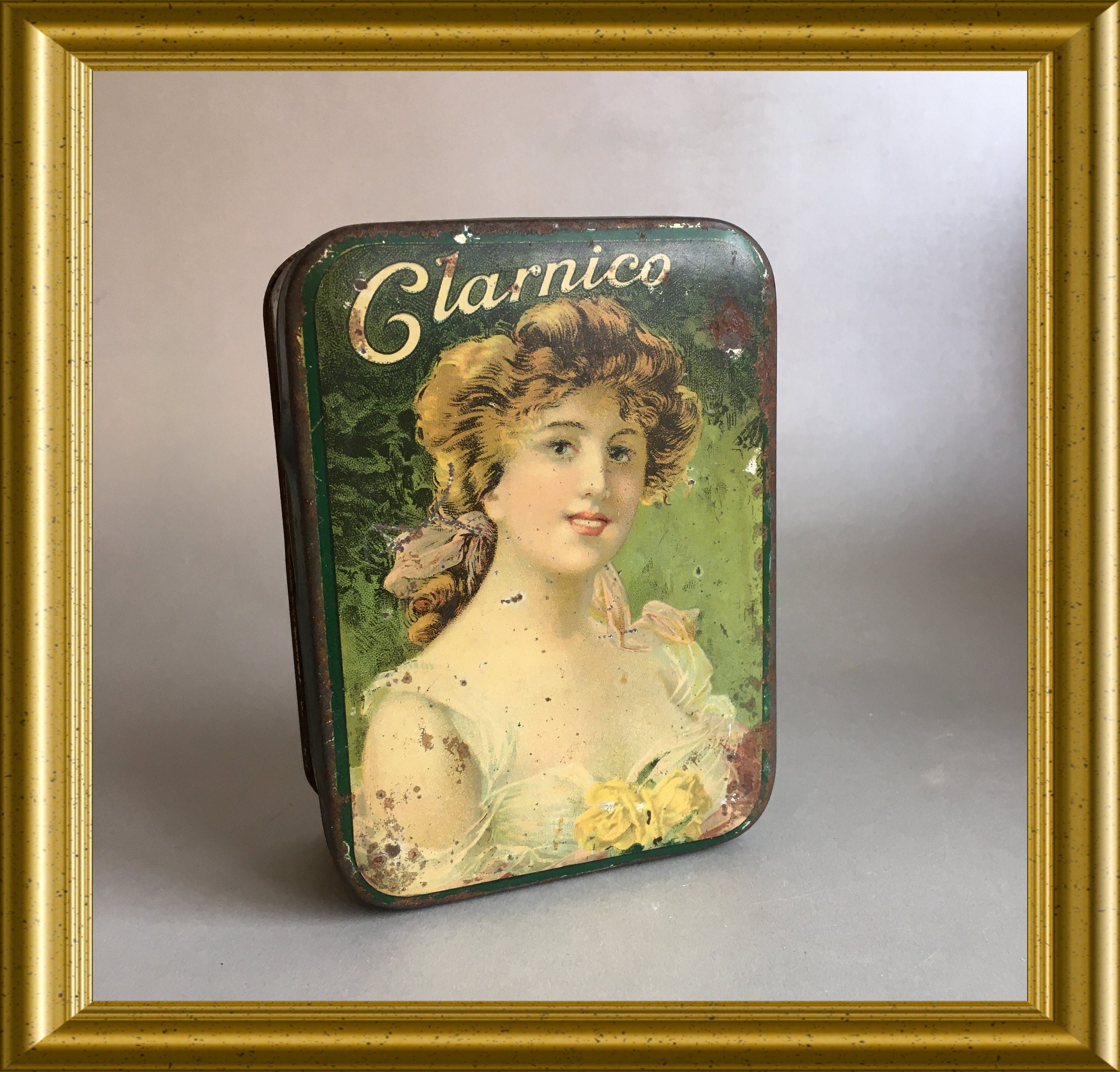 Antique tin box : Clarnico, candy, portrait lady