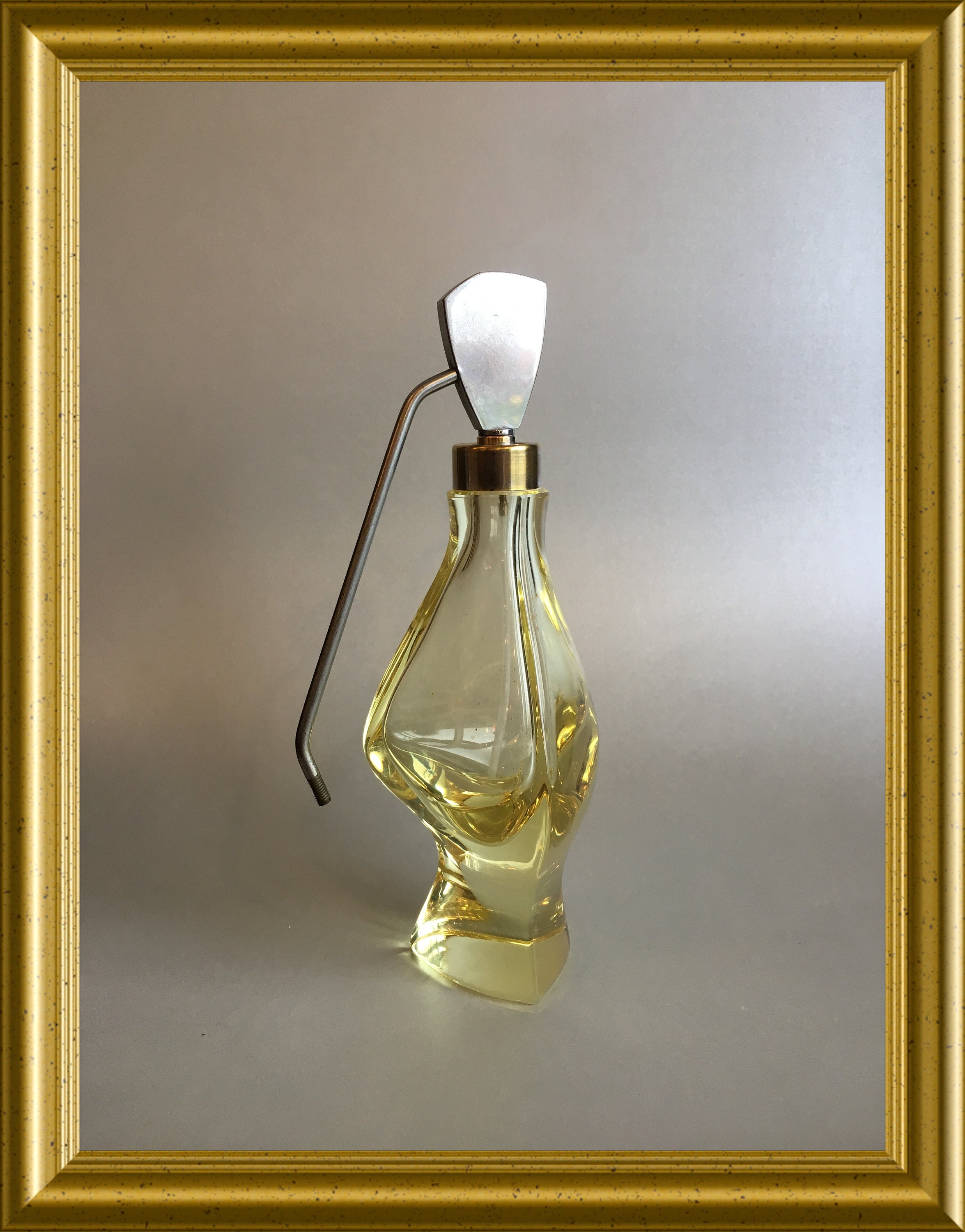 Lovely art deco yellow glass perfume bottle atomizer without bulb puffer