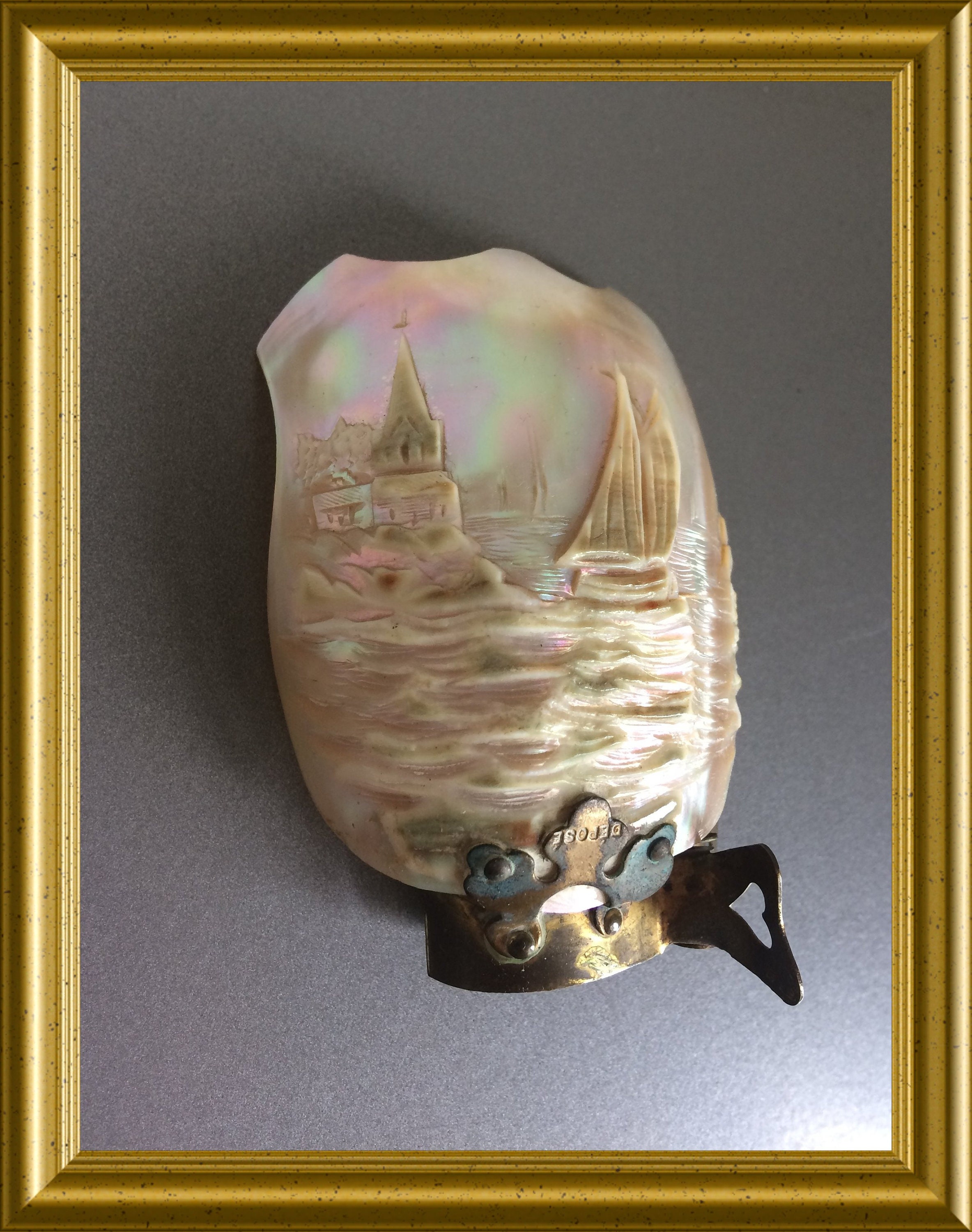 Antique candle shield, carved shell, mother of pearl